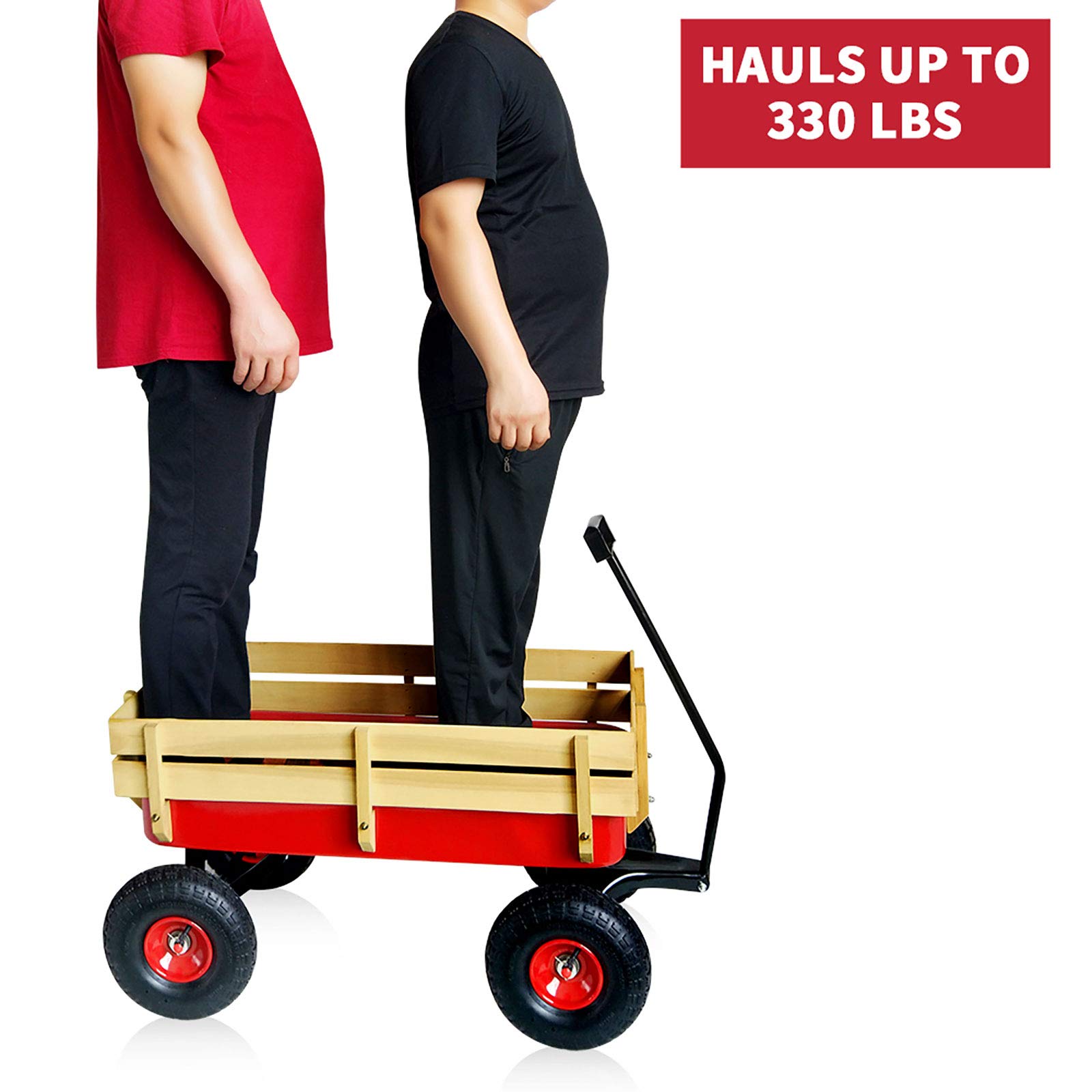 fansmart 39" Pull -Along Wagon for Kids with Pulling Wood Railing Panels Outdoor Wagon 10" All Terrain Air Tires 330 lbs Capacity for Beach, Garden, Sporting Events, Park(Red)