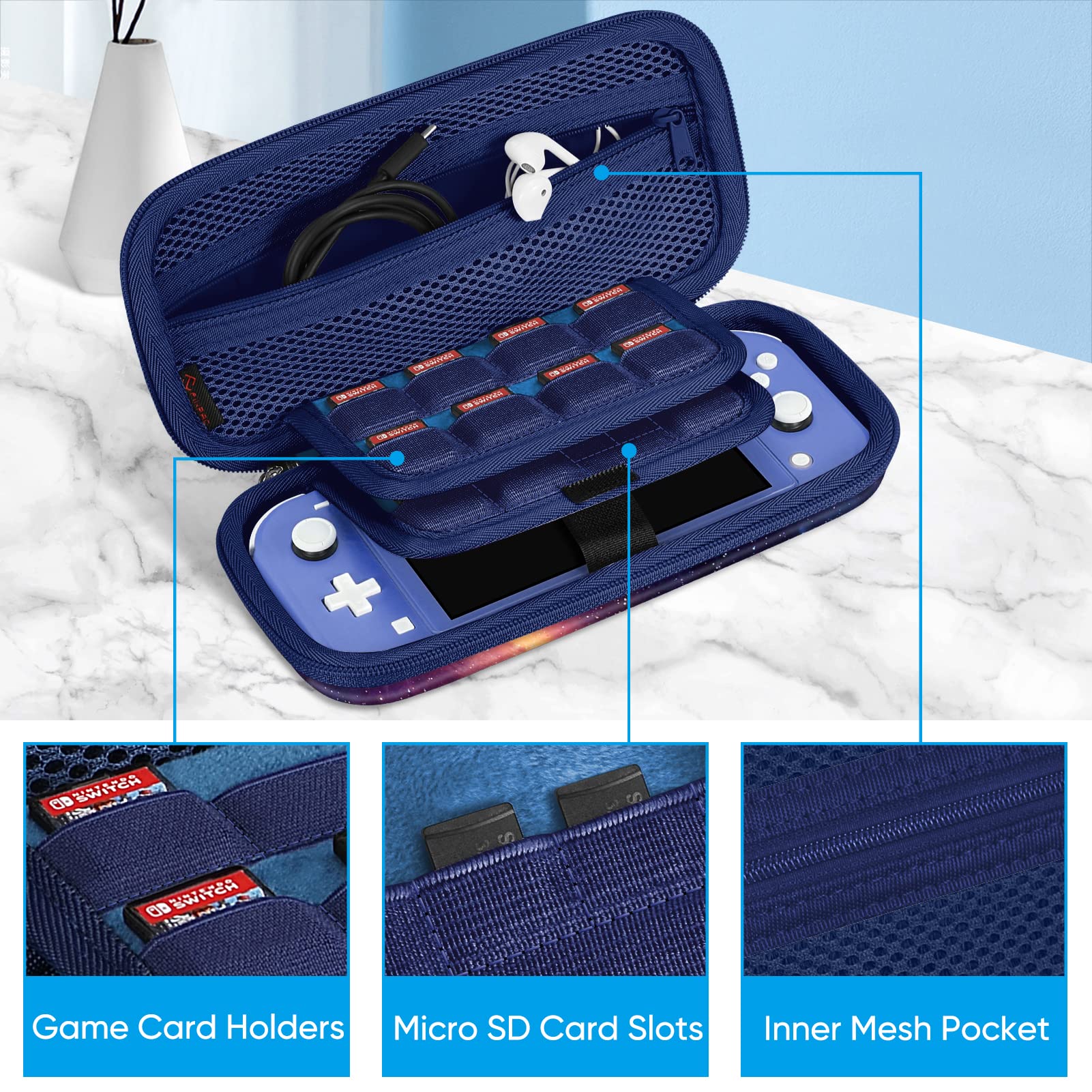Fintie Carrying Case for Nintendo Switch Lite 2019, [Shockproof] Hard Shell Protective Cover Travel Bag w/15 Game Card & 2 Micro SD Card Slots for Switch Lite Console & Accessories, Galaxy