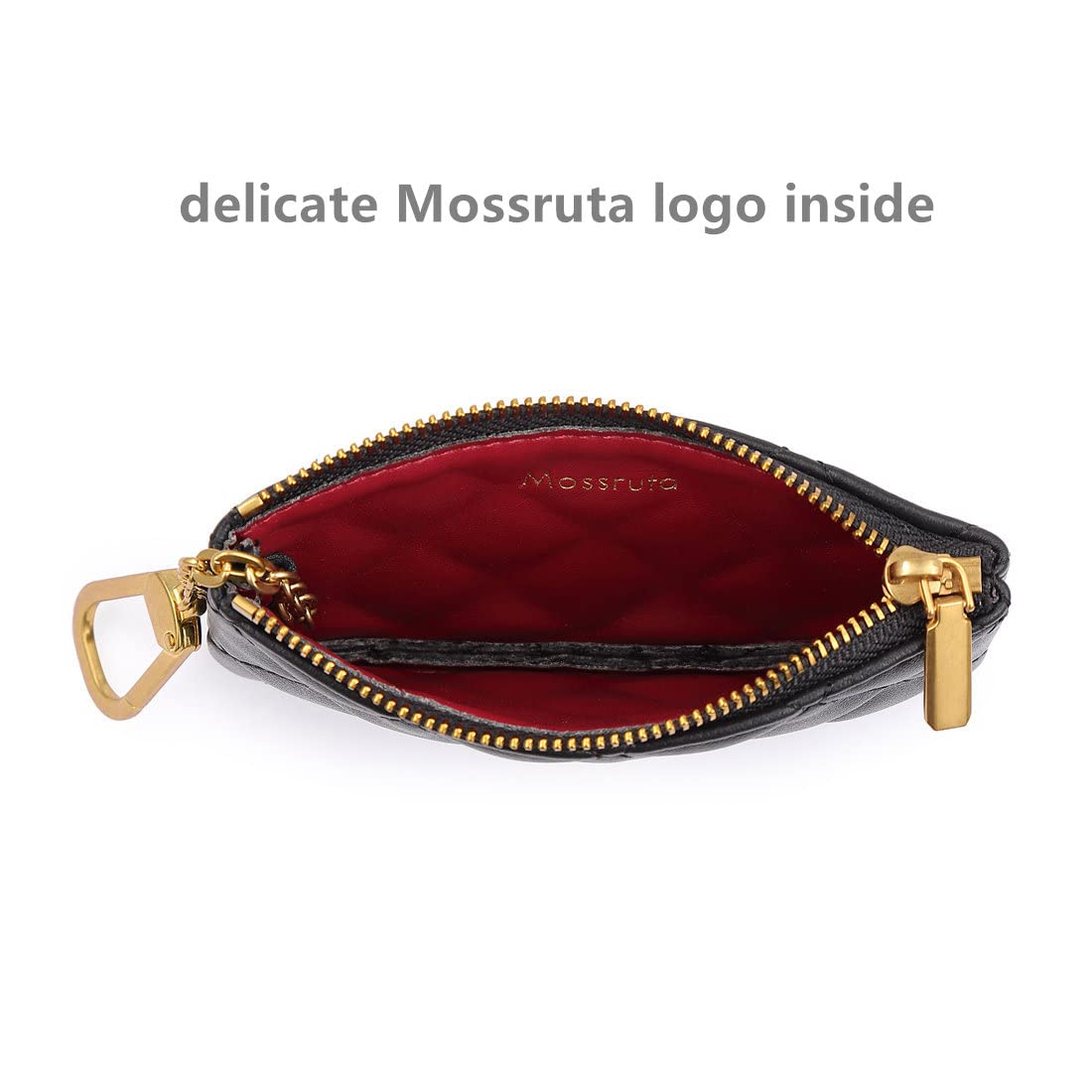 Mossruta Premium Genuine Full Grain Leather Mini Coin Purse Keychain Pouch Card Holder for Men Women (Black Quilted- AG)