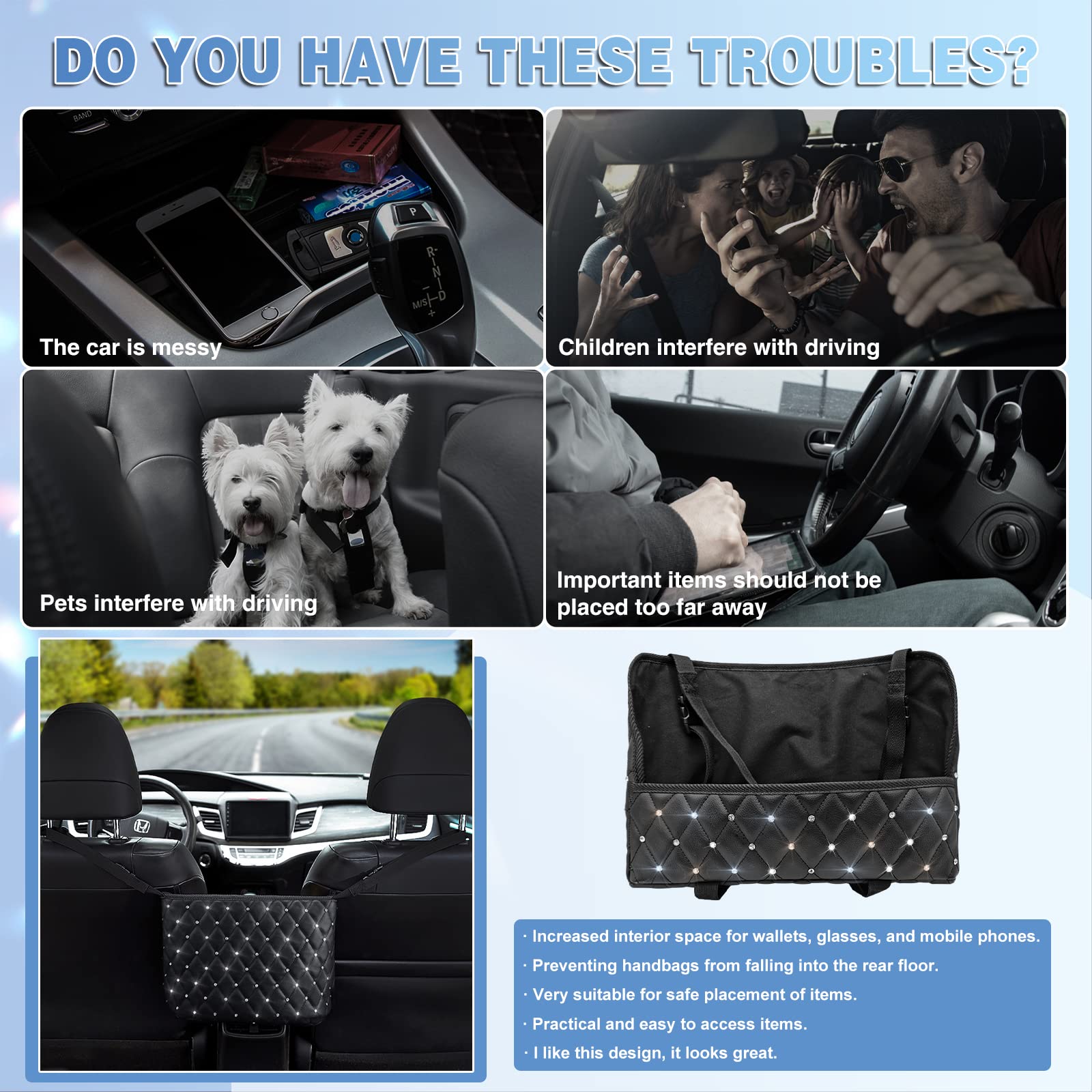 ElekTonny Bling Car Pocket Handbag Holder Between Seats,Front Seat Pet Barrier Net for Backseat Storage Car Interior Accessories for Women Black CO202304