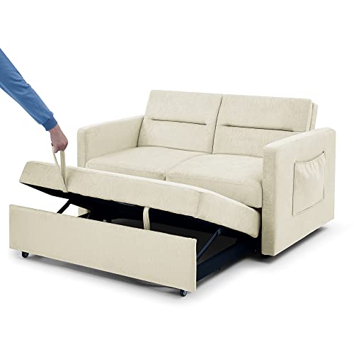 FANYE Velvet Upholstered Loveseat Sleeper w/Side Storage Pockets, 54.5" 2-Seaters Sofa with Pull-Out Couch Bed with Adjustable Cushions Backrest for Living Room Apartment Office Small Space, Beige