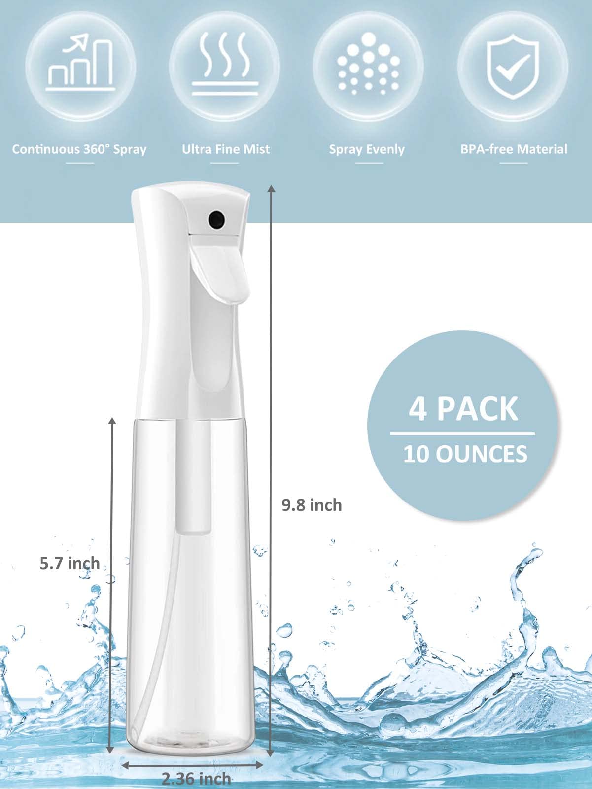 MEACOLIA 4 Pack Continuous Spray Bottles, 10oz/300ml Empty Hair Spray Bottles Fine Mist Sprayer Plant Mister Spray Bottle, Plastic Water Spray Bottle For Hair Styling, Plants, Cleaning, Misting