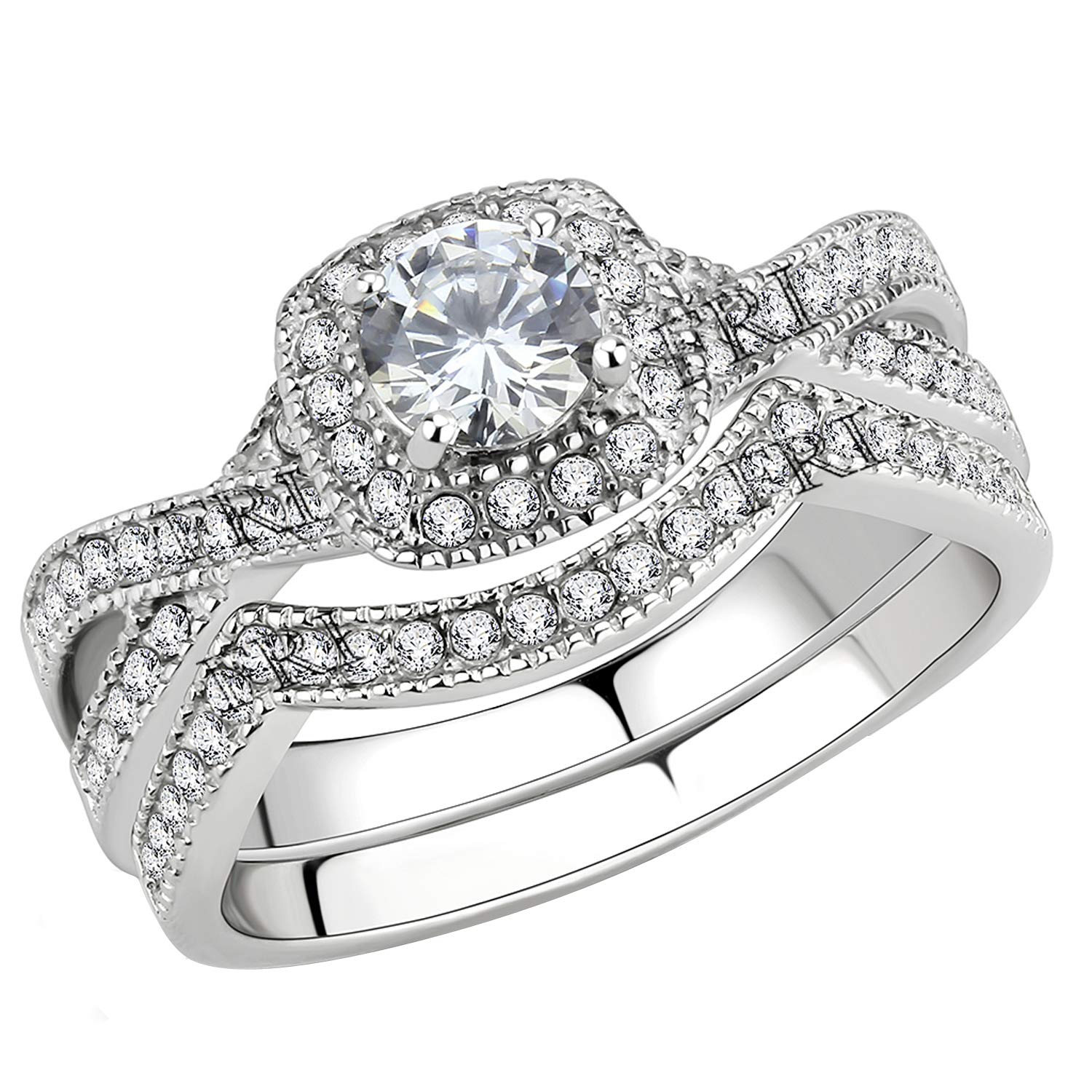 FlameReflection Stainless Steel Rings for Women Infinity Wedding Set Round CZ Cubic Zirconia Halo Engagement Bridal Jewelry Set Size 9