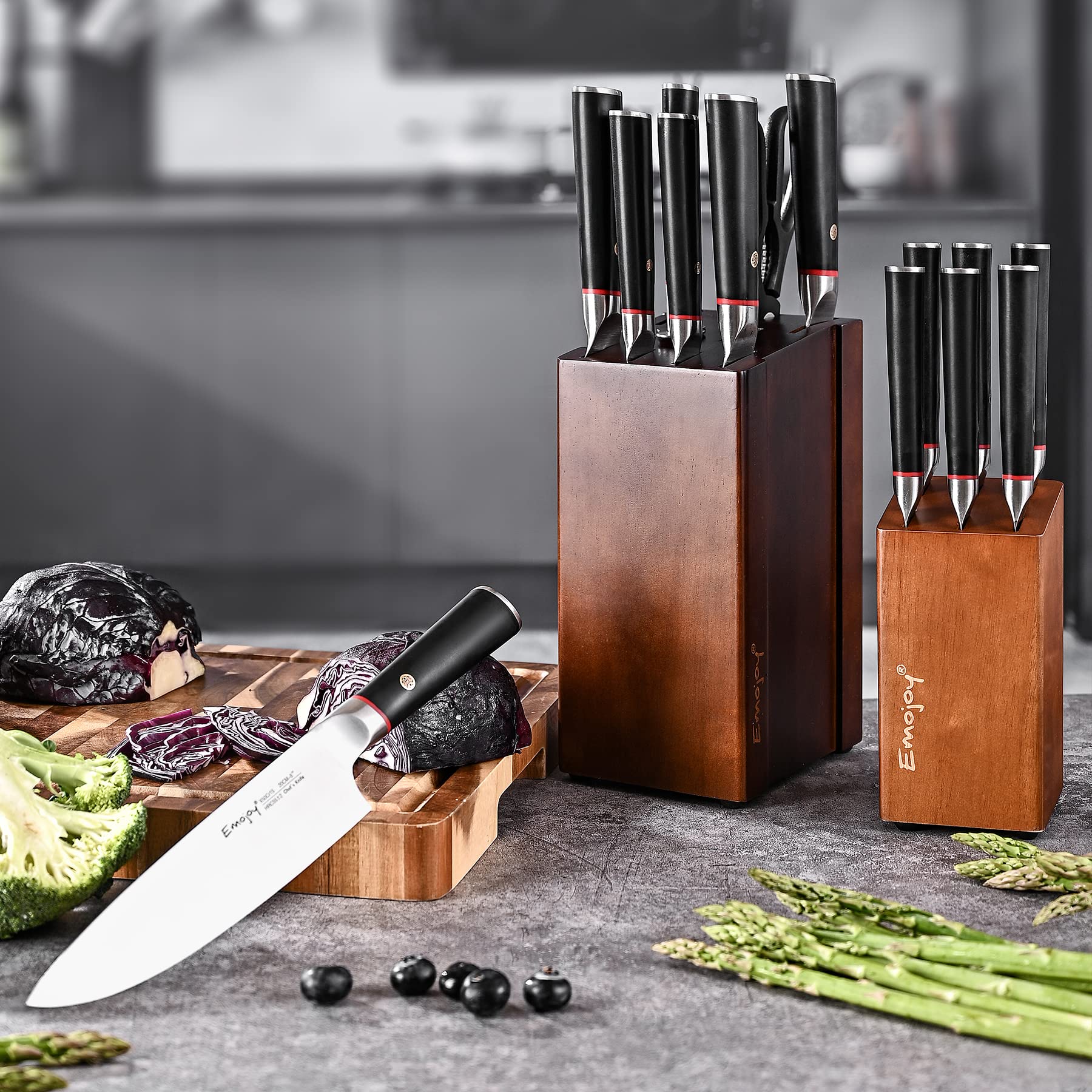 Emojoy Knife Set, 16-Piece Kitchen Knife Set with Block and Serrated Steak Knives, Germany High Carbon Stainless Steel Knife Block Set