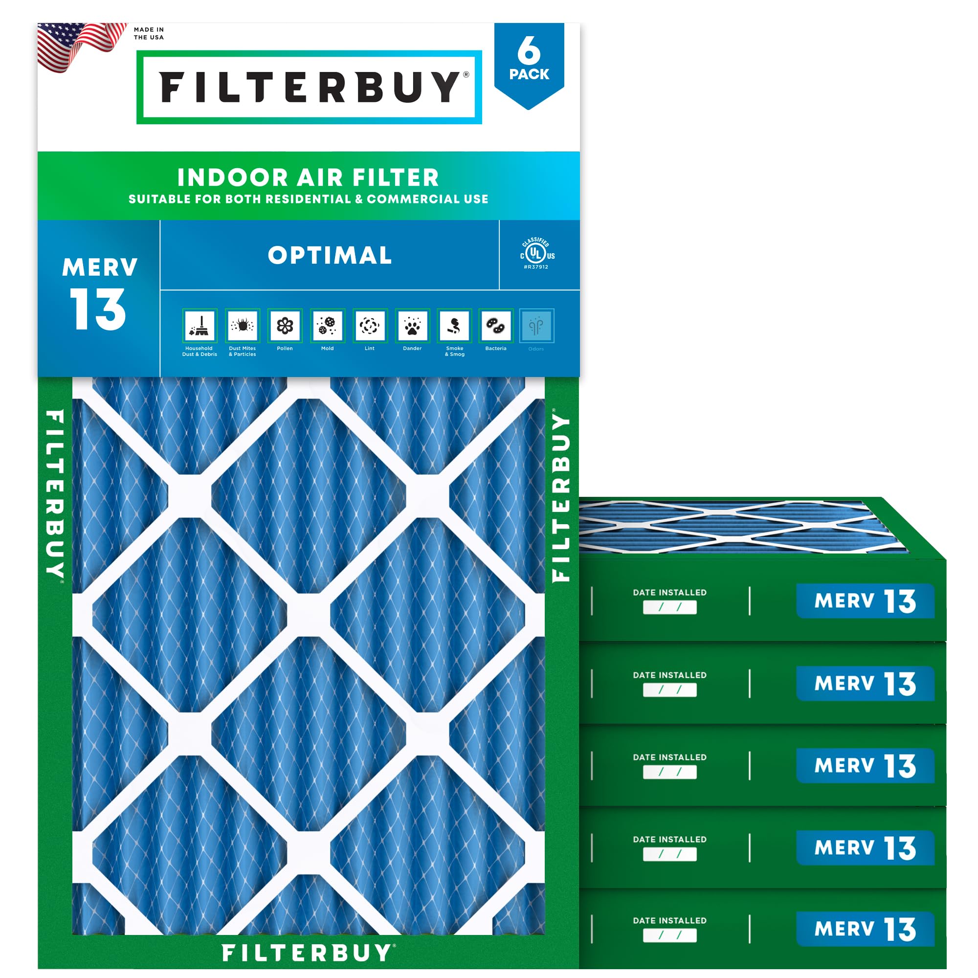 Filterbuy 14x25x2 Air Filter MERV 13 Optimal Defense (6-Pack), Pleated HVAC AC Furnace Air Filters Replacement (Actual Size: 13.50 x 24.50 x 1.75 Inches)