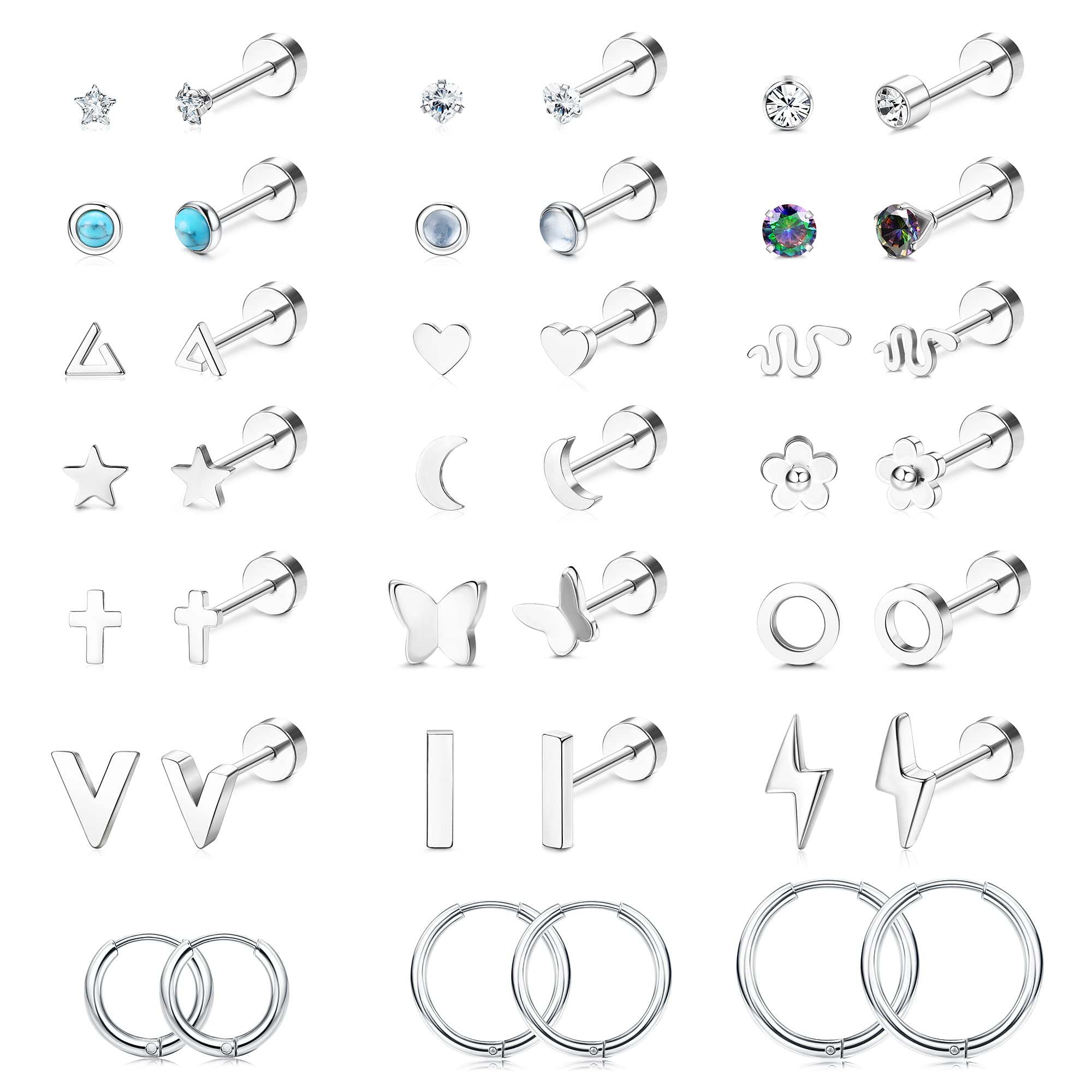 FIBO STEEL 21Pairs Flat Back Earrings for Women 20G Tiny Cartilage Earrings Stud Earrings Heart Butterfly CZ Tragus Daith Helix Ear Piercing Screw Back Earrings Pack Silver Tone