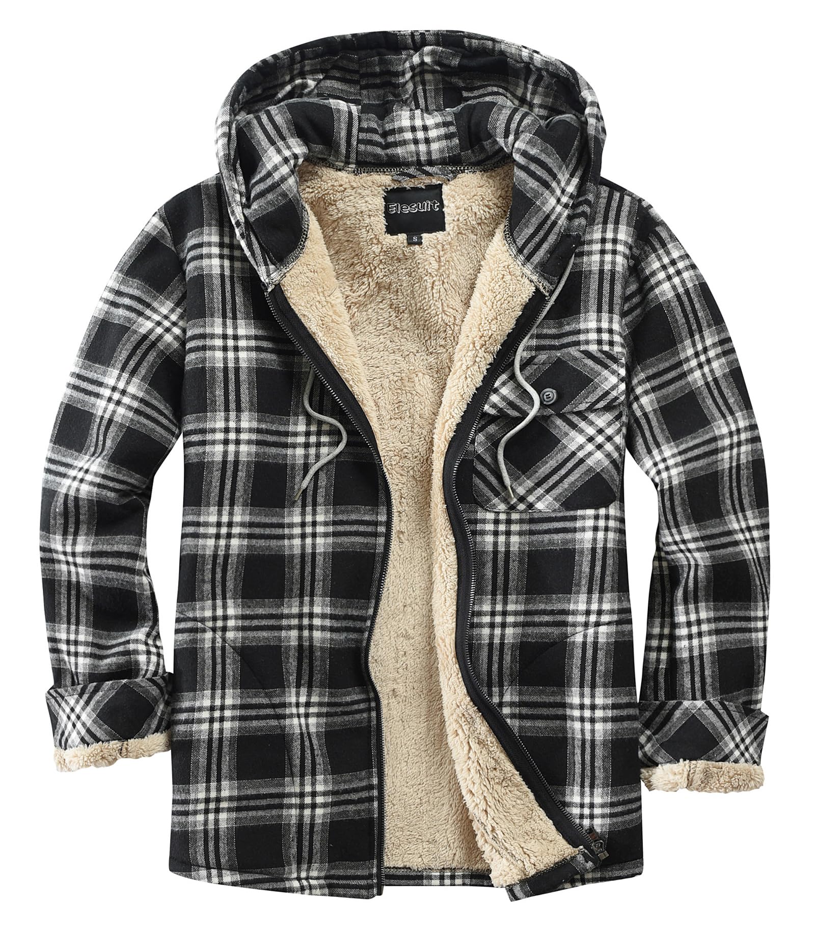 Elesuit Men's Flannel Shirt Jacket Plaid Full Zip Hoodie Fleece Lightweight Jacket Warm Winter Casual Thick Coats Black Large