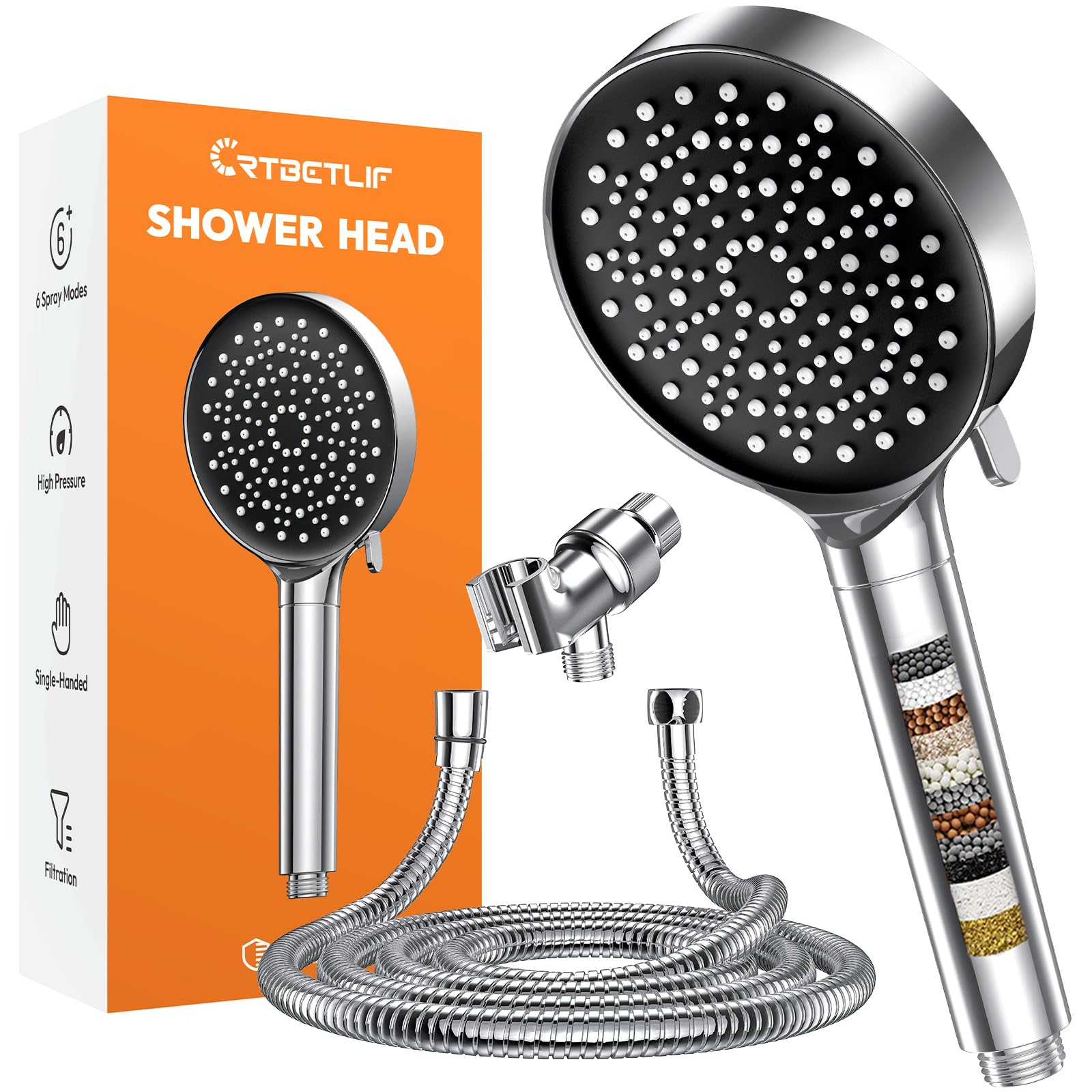 Filtered Shower Head, High Pressure 6 Spray Mode Showerhead with 70" Hose, Bracket, Hand Held Water Softener Shower Head Filter for Hard Water, Water Saving Spray Soft Spa Shower Head