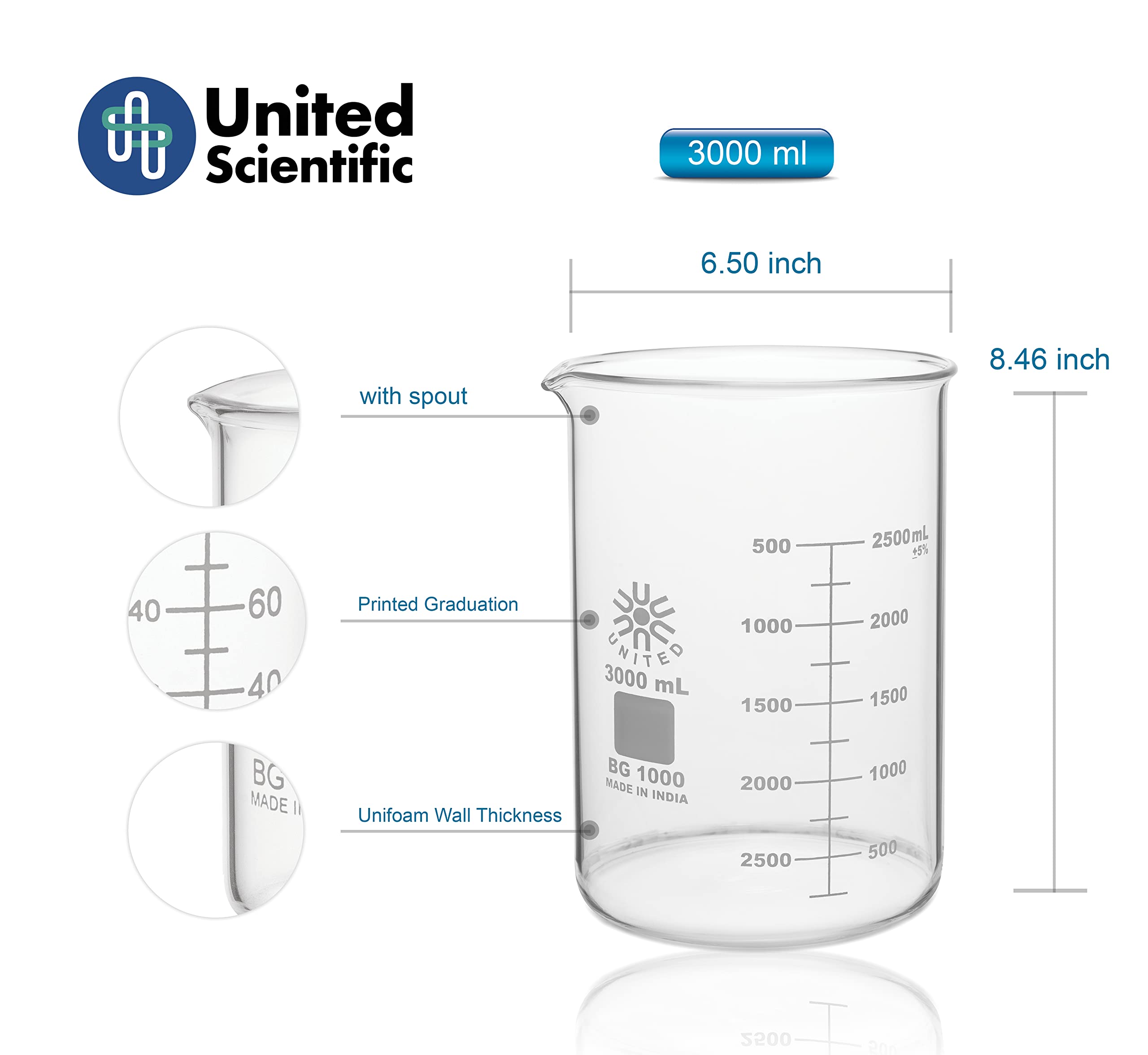 United Scientific™ BG1000-3000 Borosilicate Laboratory Grade Glass Beakers | Griffin Low Form Beaker | Graduated with Spout | Designed for Laboratories & Chemistry Classrooms | 3000mL Capacity