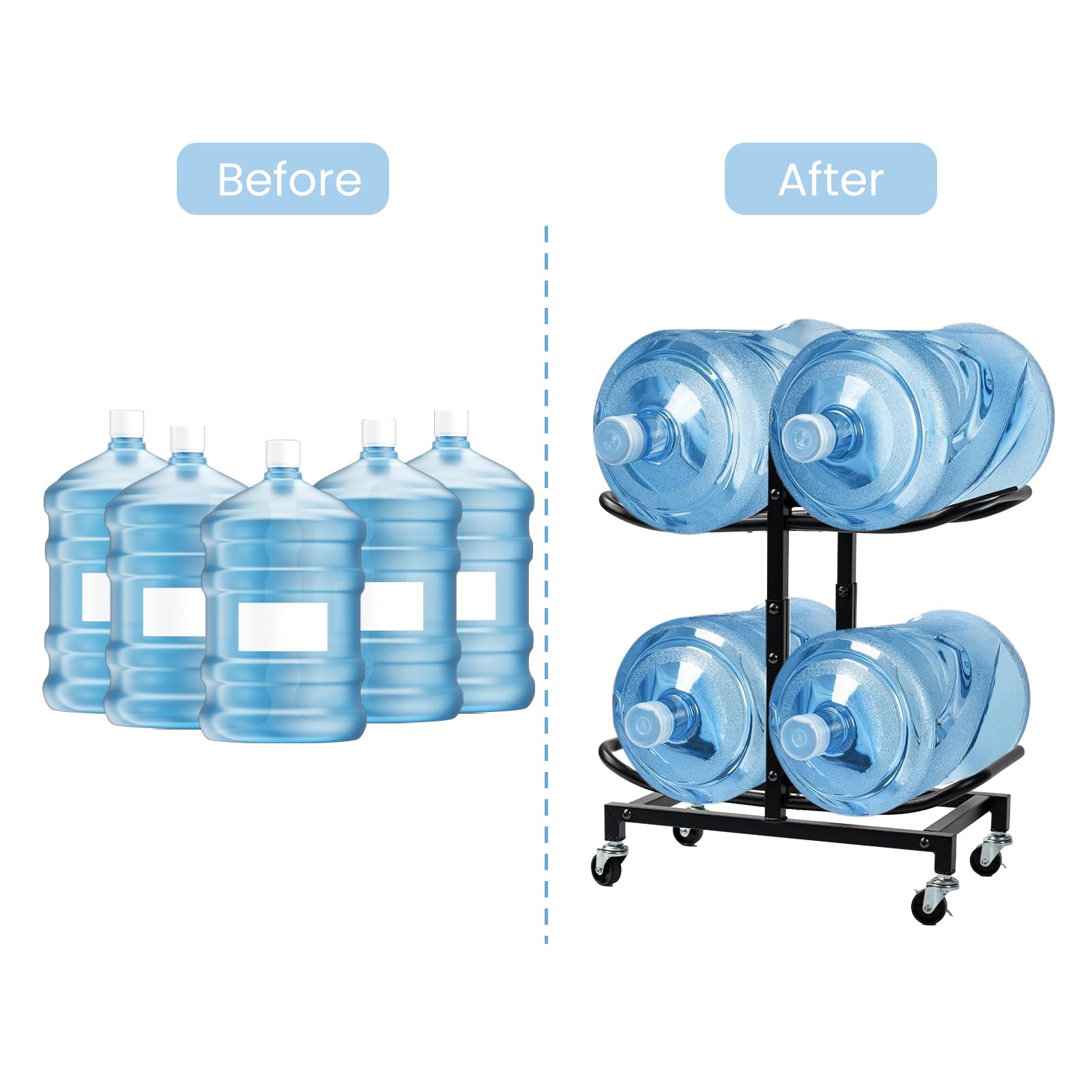 ZOMICE 5 Gallon Water Jug Holder with Wheels,5 Gal Water Jug Storage Rack for 4 Bottles,2-Tier Foldable Water Cooler Jug Stand for 5 Gallon Water Bottle Dispenser