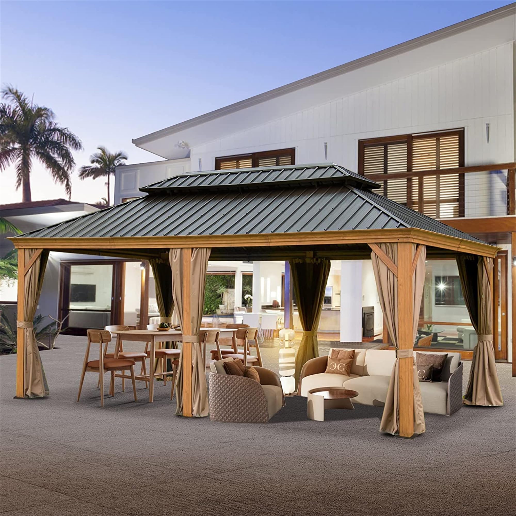 Evedy 12x20FT Hardtop Gazebo,Outdoor Permanent Pavilion with Curtains&Netting,Outdoor Aluminum Wood Grain Gazebos with Galvanized Steel Double Canopy for Patios Deck Backyard,Lawn (Yellow Brown)