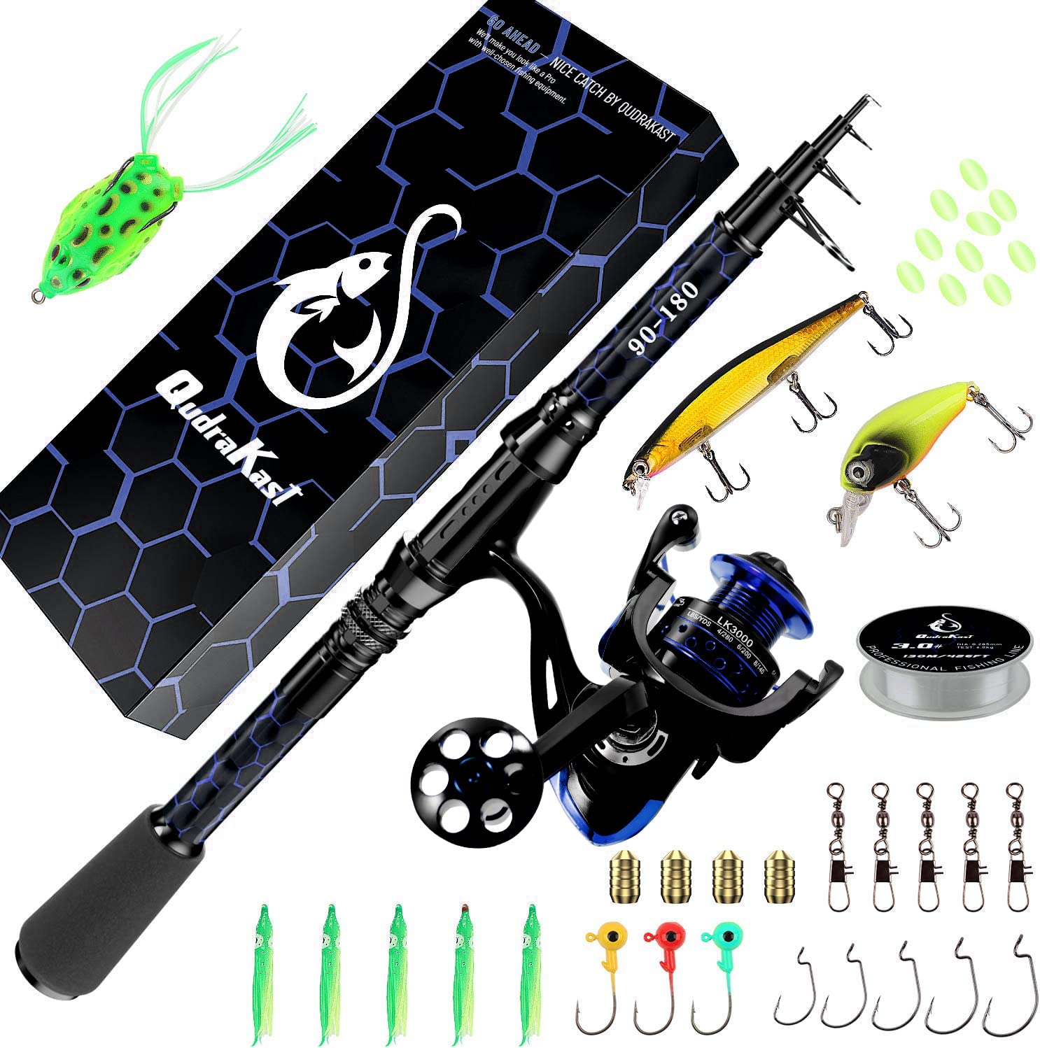 Fishing Rod and Reel Combos, Unique Design with X-Warping Painting, Carbon Fiber Telescopic Fishing Rod with Reel Combo Kit with Tackle Box, Best Gift for Fishing Beginner and Angler (180 Bule)