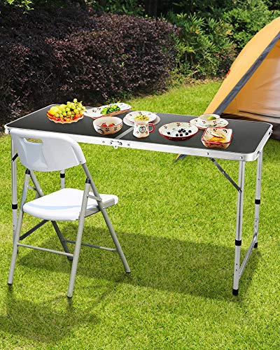 FiveJoy Folding Camping Table, 4 FT Aluminum Height Adjustable Lightweight Desk Portable Handle, Top Weatherproof and Rust Resistant Table for Outdoor Picnic Beach Backyard, 47" x 24",Black
