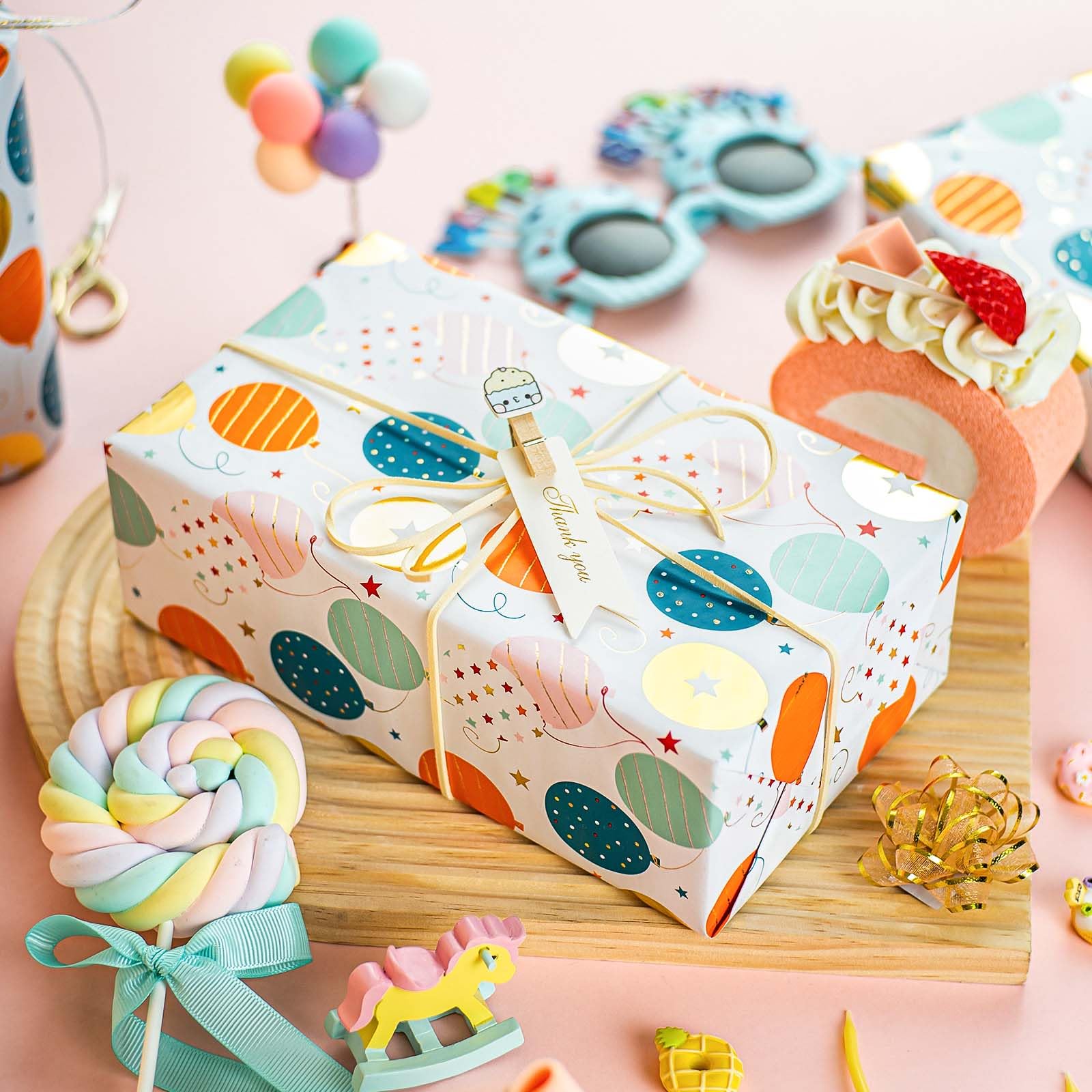 Retrify Birthday Wrapping Paper, Metallic Gold Gift Wrap Paper Roll, Colorful Balloon Cute Polka Dot Star Happy Birthday Design - 17 Inches x 32.8 Feet