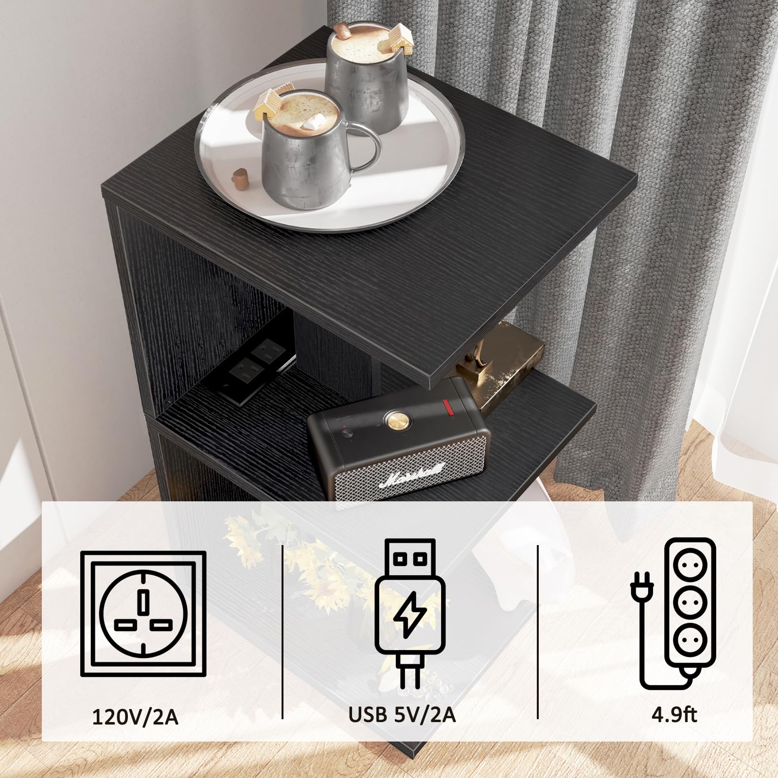 Fixwal End Table with Charging Station, Modern 3-Tier Narrow Side Table, Bedside Table with USB Ports and Outlets, Rolling Bedside Nightstand with Storage Shelf, for Living Room, Bedroom, Black