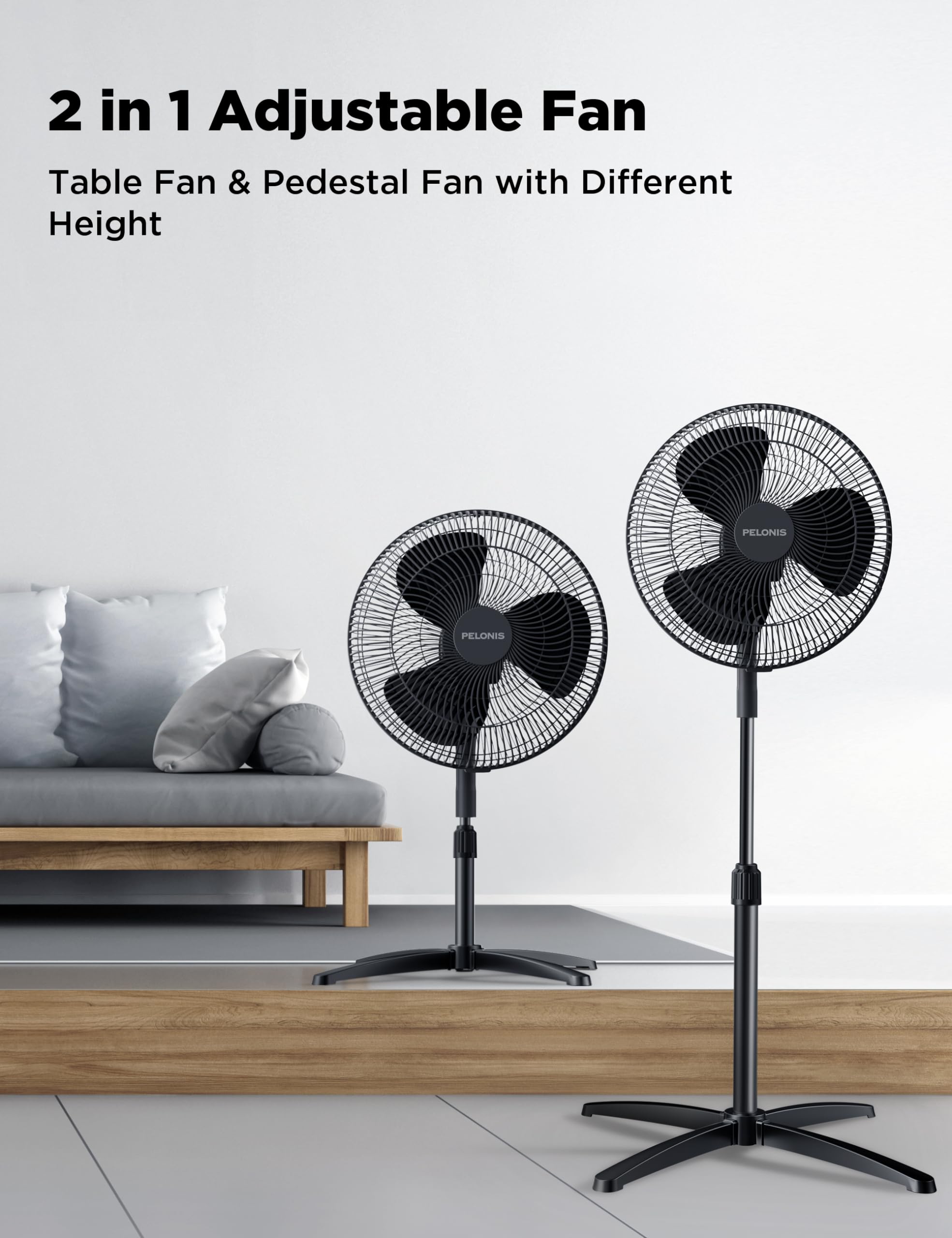 PELONIS 16ββ Pedestal Stand Up Oscillating Fan with 3 Speeds Settings Ultra Quiet Adjustable Heights for Bedroom, Living Room, Home and Office 2 Packs Black