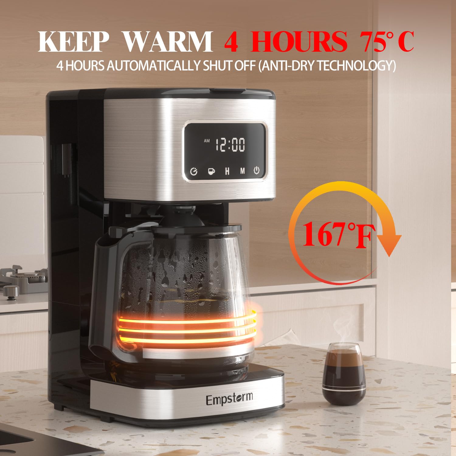 Empstorm 12 Cup Programmable Drip Coffee Maker - 1000W Fast Brew Coffee Machine with Glass Carafe, Auto Shut Off & 4-Hour Keep Warm, Anti-Drip System, Strong Brew, Black with Stainless Steel Accents