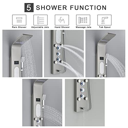 LED Shower Panel Tower System Wall-Mounted Complete Shower Column with Rain Massage Full Body shower Jets Tub Spout Handheld Shower, Brushed Nickelā¦
