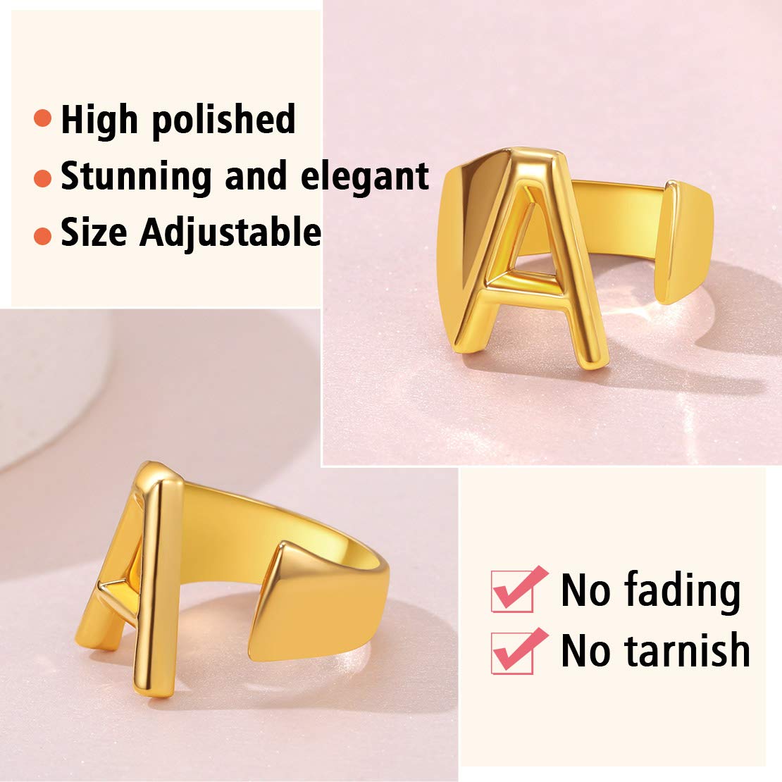 FindChic Initial Ring Chunky Gold Rings That Don't Tarnish Statement Ring for Women Cute Letter A Adjustable Open Rings for Women 18K Gold Plated Stacking Name Ring Size 6 7 8 9 Jewelry