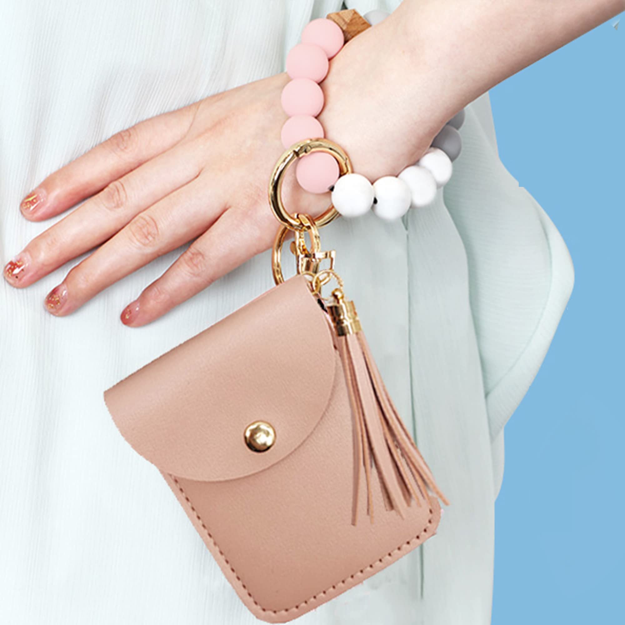 FIVWIN Wristlet Keychain Bracelet Wallet for Women Silicone Beaded Car Key Rings with Tassel Bangle Card Holder