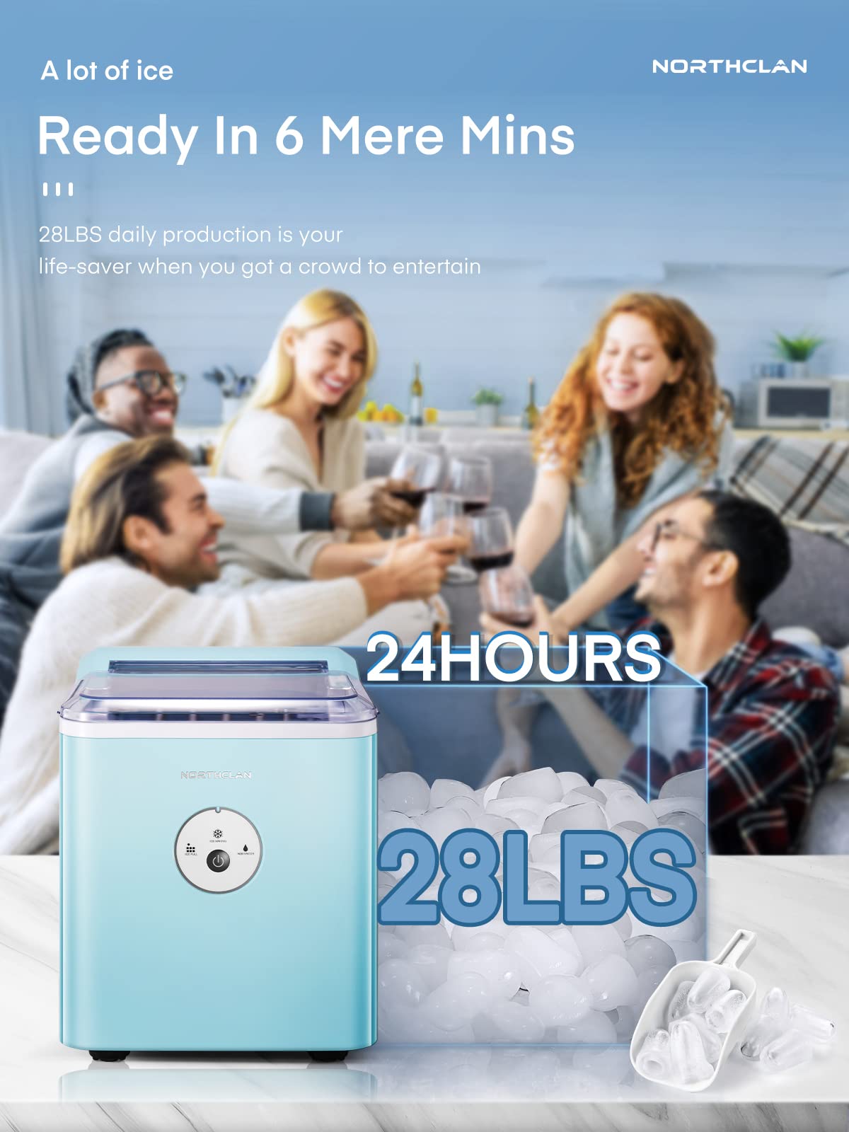 Ice Makers Countertop, 28 lbs in 24 Hours, 9 Cubes Ready in 6 Mins, NORTHCLAN Portable Ice Cube Maker Machine with Ice Scoop and Basket for Home/Kitchen/Office/Bar/Party (1, Mint, 1)