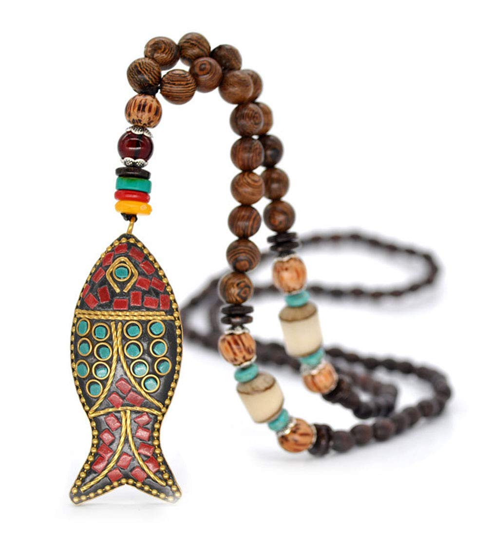 Fish Long Necklace Handmade Turquoise Wood Beads Necklace for Women Fashion Jewelry (Fish pendant)