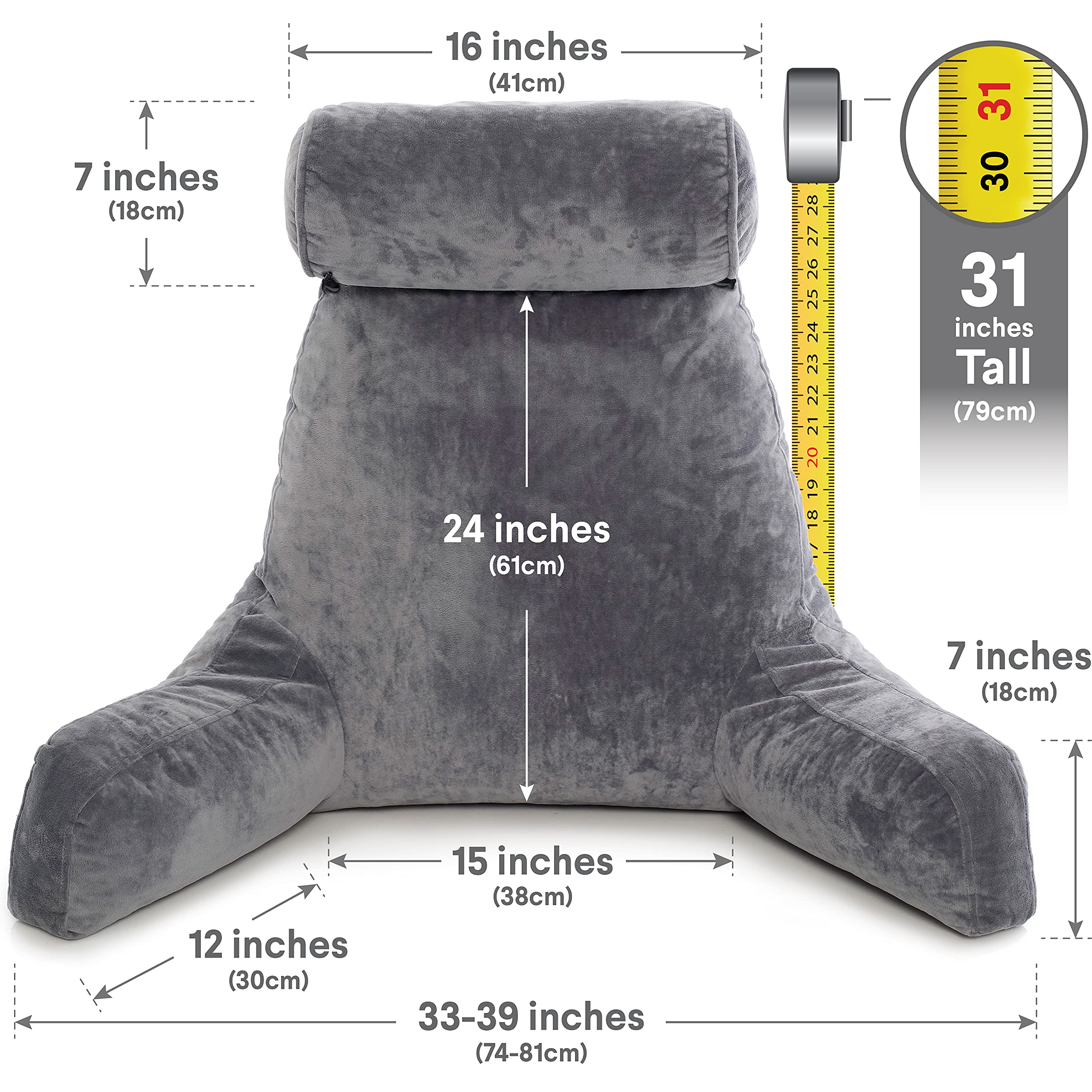Husband Pillow Combo - Backrest Pillow with Arms : XXL Dark Grey & Lap Desk Bed Tray : Grey - Memory Foam Reading Pillows for Bed w/Removable Neck Roll & Laptop Bed Tray Table