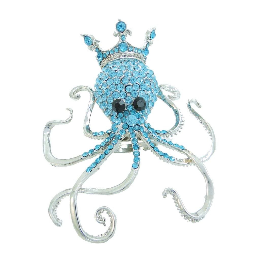 EVER FAITH Austrian Crystal Cute Crown King Octopus Adjustable Ring Bejeweled with Blue Silver-Tone