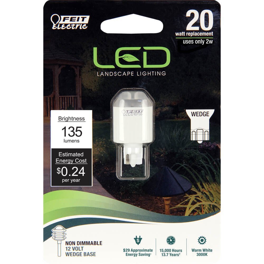 Feit Electric 2W LED Bulb with 20W Equivalent, Dimmable, Wedge Base Bulb, 12 Volts, 13 Yrs. Lifetime, 135 Lumens, 3000K Warm White, 1 Pack - LVW18/LED