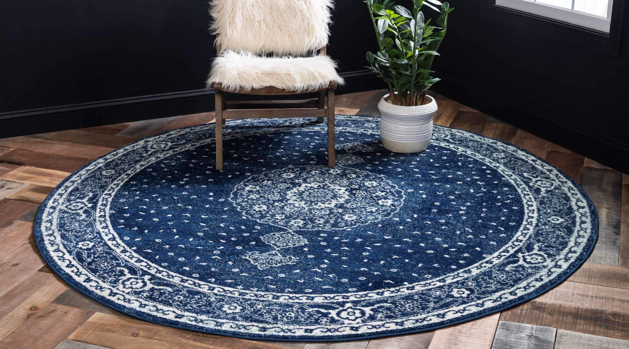 Unique Loom Bromley Collection Area Rug - Midnight (7' 10" Round, Navy Blue/ Ivory)