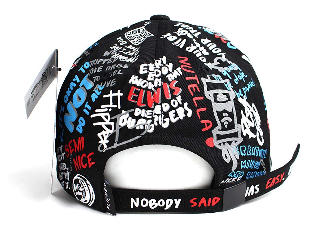 Flipper Designer Graffiti Doodle Cotton Baseball Cap for Men Women, Kpop Hat w/Curve Brim (White/Black, Free Size)