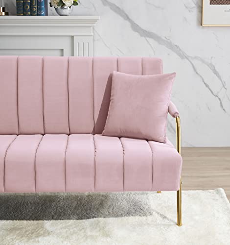 Yoluckea Loveseat Sofa Small Couch, Upholstered Love Seats Furniture with Two Throw Pillows and Golden Metal Legs Suitable for Small Spaces (Pink)