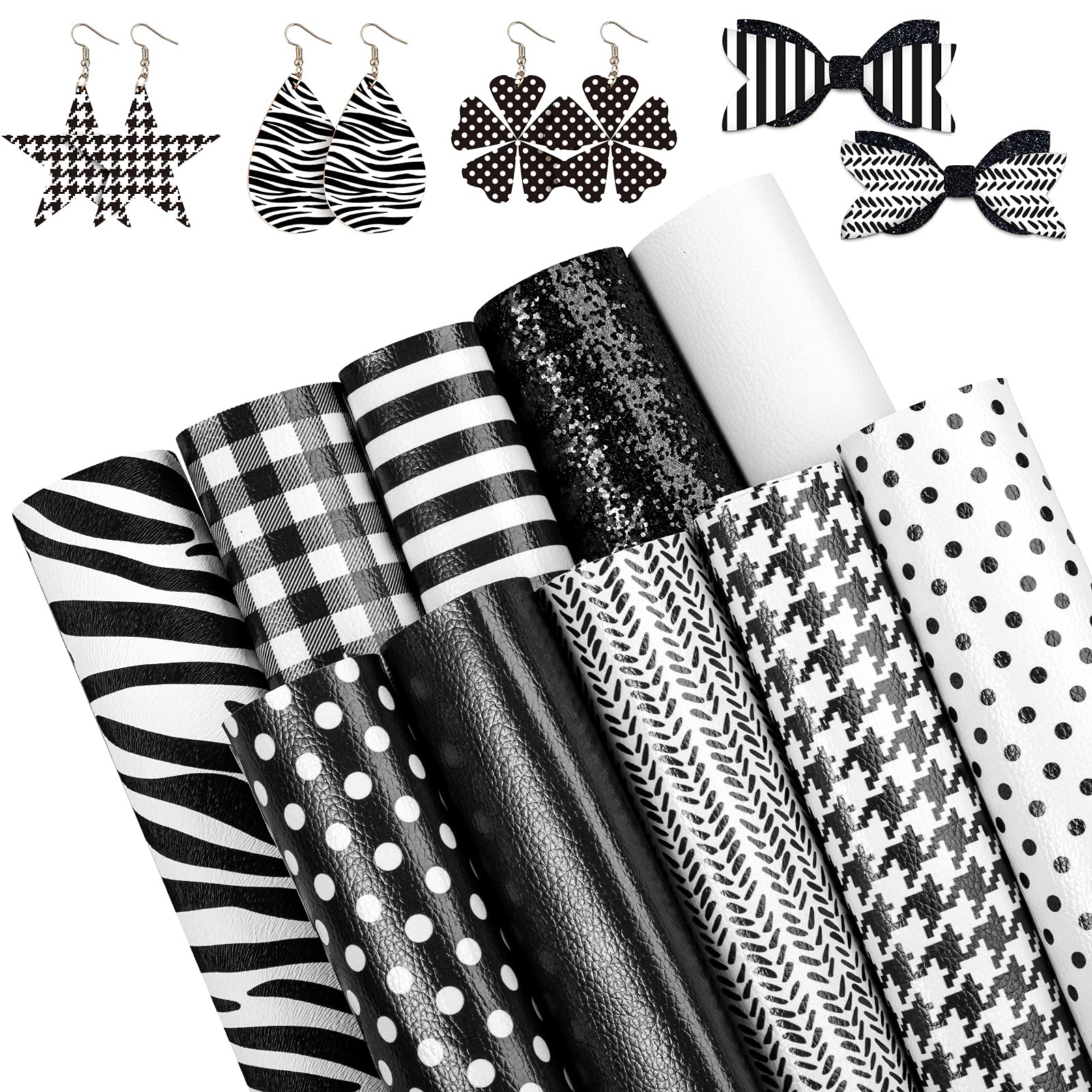 Whaline 10Pcs Faux Leather Sheet White & Black Synthetic Leather Fabric 8 x 12 Inch Pattern Stripe Plaid Glitter Faux Craft Leather for DIY Earring Hair Bow Making