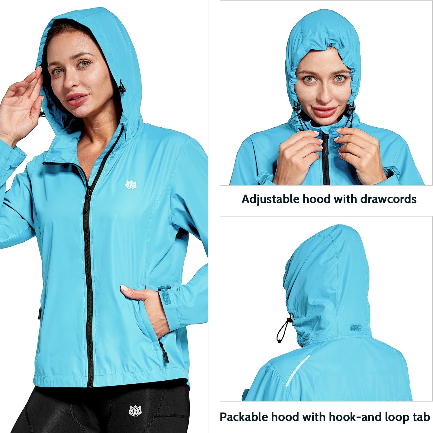 FitsT4 Sports Women's Cycling Running Jackets Lightweight Windproof Bike Windbreaker Reflective with Hood Light Blue Size XL