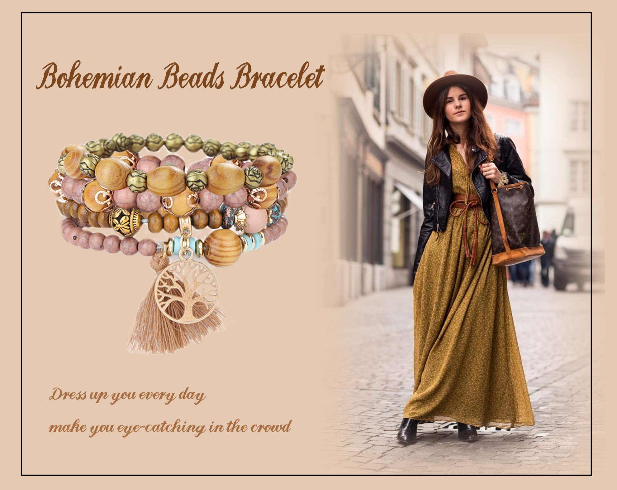 FIBO STEEL 8 Sets Bohemian Stackable Beads Bracelets for Women Boho Multilayer Stretch Wood Beads Bracelet Set Statement Charm Tassel Bangles