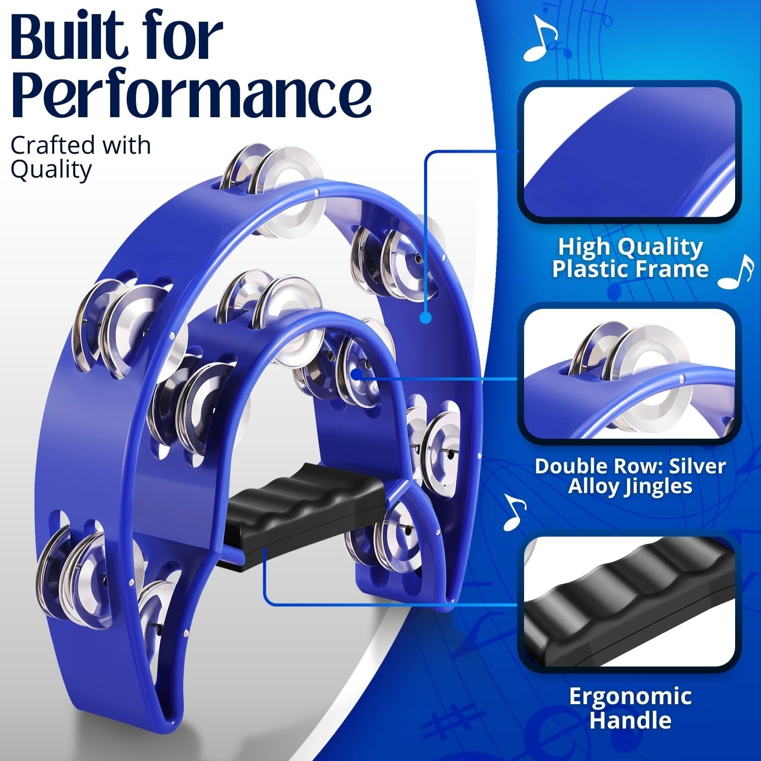 Flexzion Tambourine Metal Half Moon Musical Instruments Double Row Metal Jingles Hand Held Instruments Percussion with Ergonomic Handle Grip, Tambourines for Adults, 2 Packs - Blue