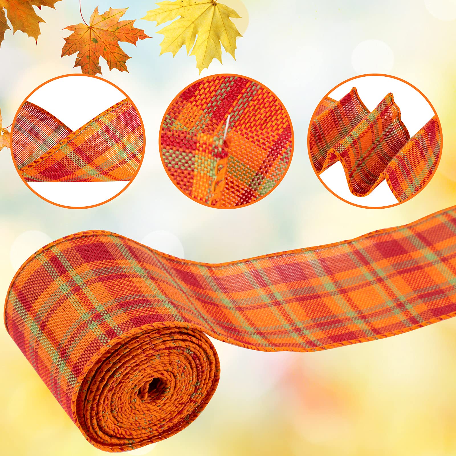 Whaline 6 Rolls Fall Thanksgiving Burlap Ribbon 30 Yard Orange Plaid Autumn Harvest Ribbon Pumpkin Fall Leaves Wired Edge Wrapping Ribbon Rustic Craft Ribbon for Wreath Floral Bows Craft Decor, 2.5In