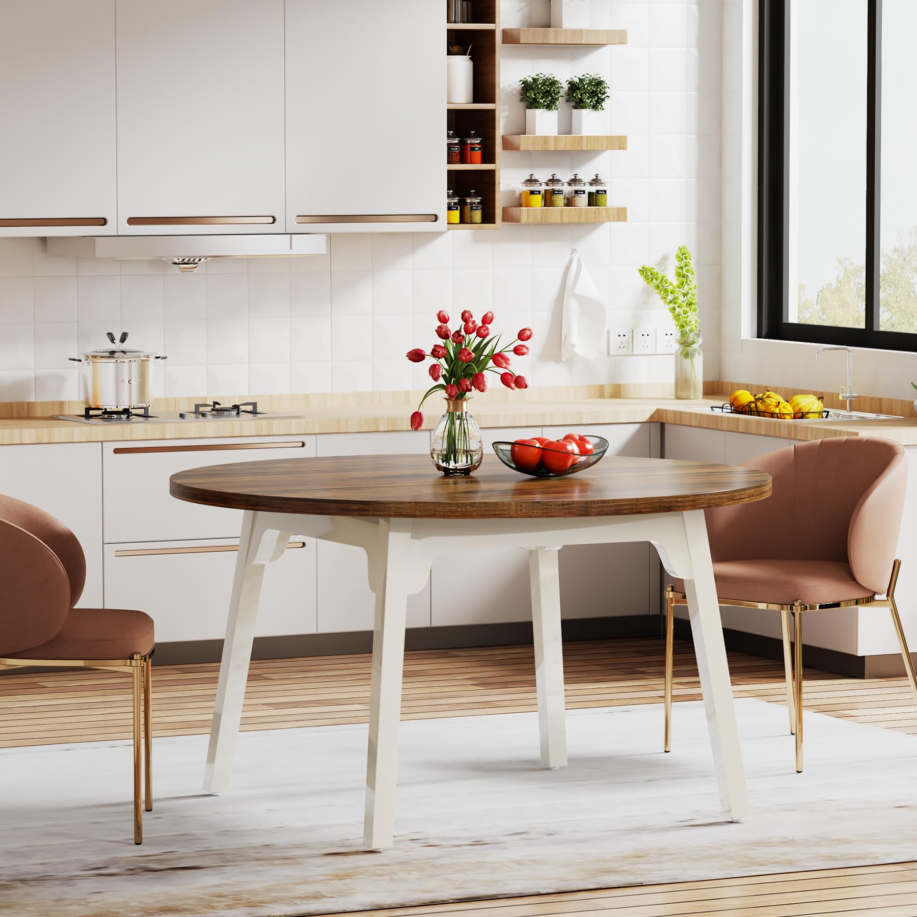 Tribesigns Round Dining Table for 4-6 People, 47-Inch Farmhouse Dinning Room Table Circle Kitchen Table, Industrial Dinner Table with Solid Wood Legs for Kitchen, Living Room, White and Brown