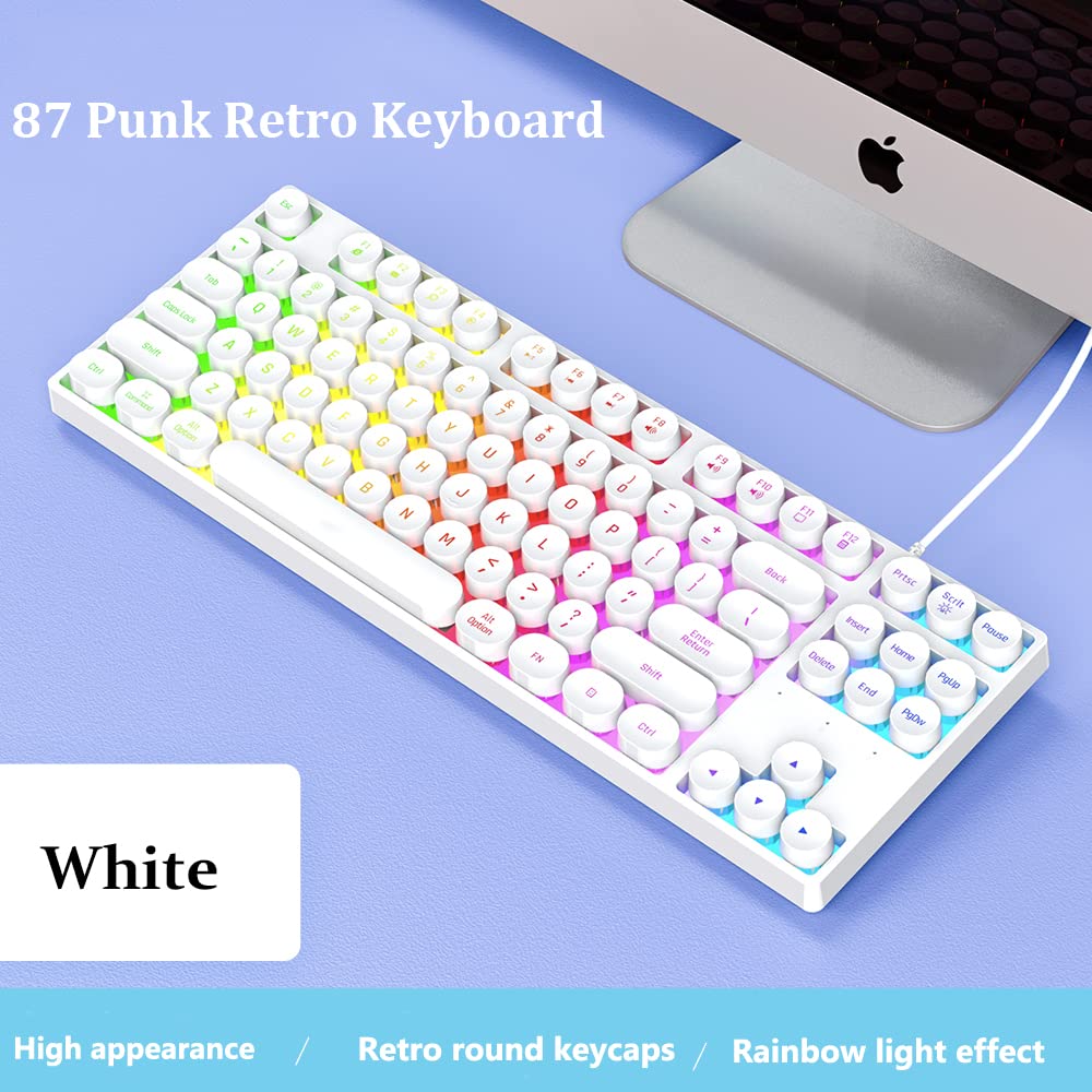 Mechanical Feel Gaming Keyboard and Mouse Combo, 87 Key Retro Punk Typewriter-Style,Rainbow Backlit Keyboard,Cool Breathing Light Lightweight Gaming Mouse for Game and Office-White