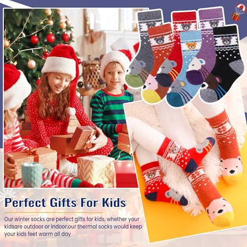 Eocom 6 Pairs Children's Winter Warm Wool Animal Crew Socks Kids Boys Girls Socks (6 Pairs Bear, 4-7 Years)