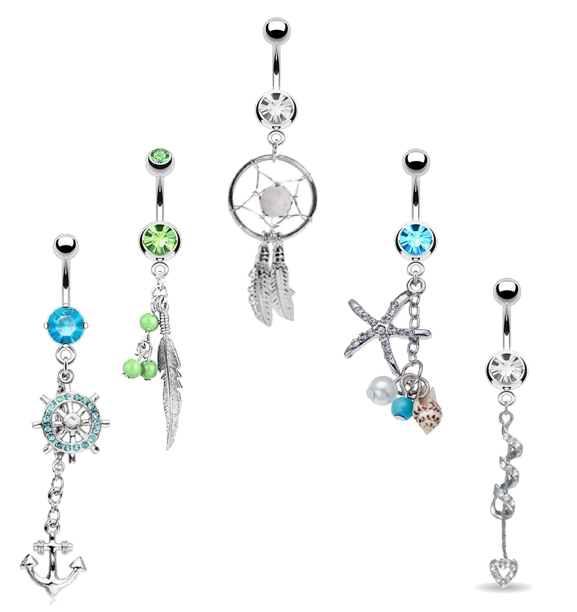 FIBO STEEL 9-10 Pcs Dangle Belly Button Rings for Women 316L Surgical Steel Curved Navel Barbell Body Jewelry Piercing
