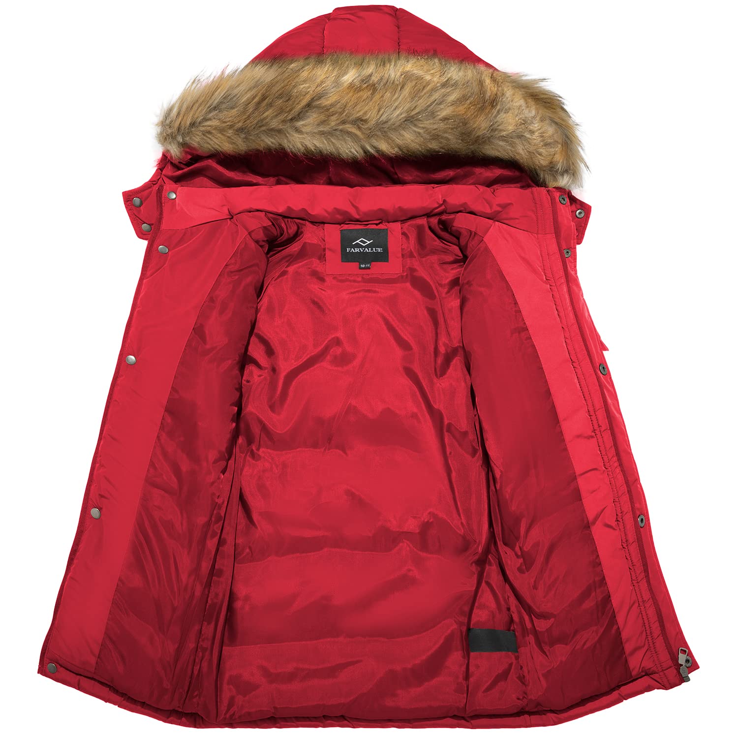 FARVALUE Boy Winter Coat Warm Quilted Puffer Water Resistant Parka Jacket with Detachable Fur Hood for Big Boys Red 6-7