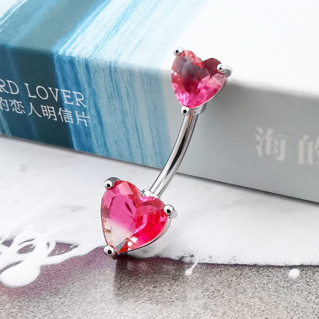 Excepro Belly Button Rings14G(1.6mm) 316L Surgical SS Rainbow Double Heart CZ Multi Shaped Body Jewelry Belly Rings (Dark Pink Heart)