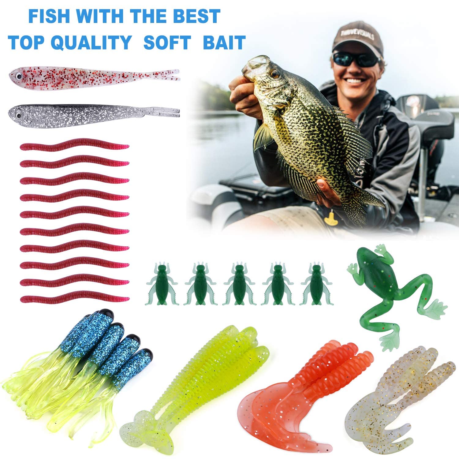 Fishing Lures Kit for Bass, Including Frog Lures, Plastic Worms, Spinner Bait, Crank Bait, Jigs, Topwater Lure with Tackle Box (123PCS)
