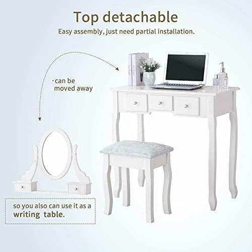 WINVOX White Vanity Dressing Table Set with Mirror Stool 5 Drawers Makeup Desk Bedroom ZLYCFCDUS