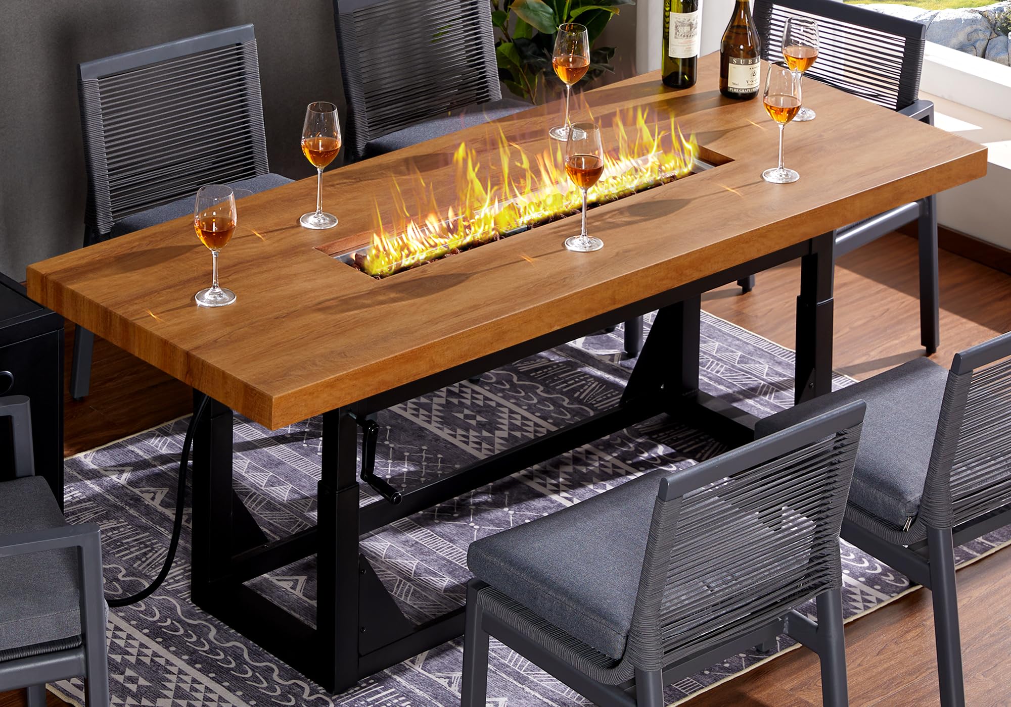 fissfire 76 inch Height-Adjustable Propane Fire Pit Table, 50,000 BTU Rectangle Steel Gas Fire Pit with Separate Propane Tank Cover, Lava Rock, Lid, Waterproof Cover for Patio and Garden, Brown