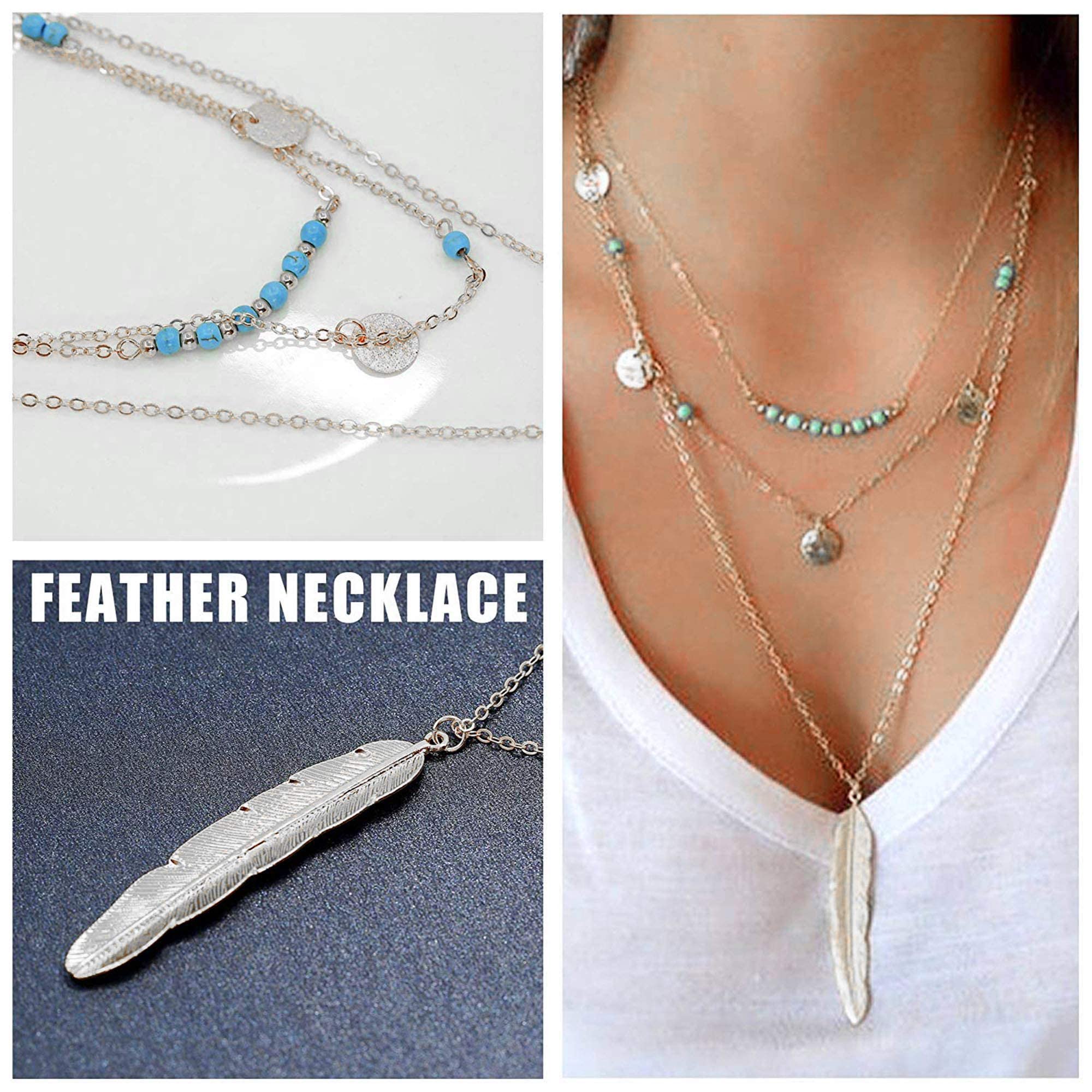 FINREZIO 12 PCS Gold Plated Layered Necklace for Women Sexy Long Choker Chain Y Necklace Bar Feather Pendent Necklace Sets Silver Tone