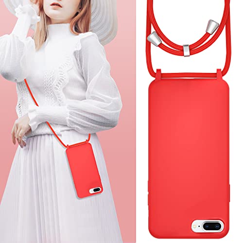 UEEBAI Crossbody Lanyard Phone case for iPhone 7 Plus/8 Plus, Silicone Phone Cover with Adjustable Necklace Strap Soft Belt Neck Cord Lanyard Shockproof Protective Case - Red