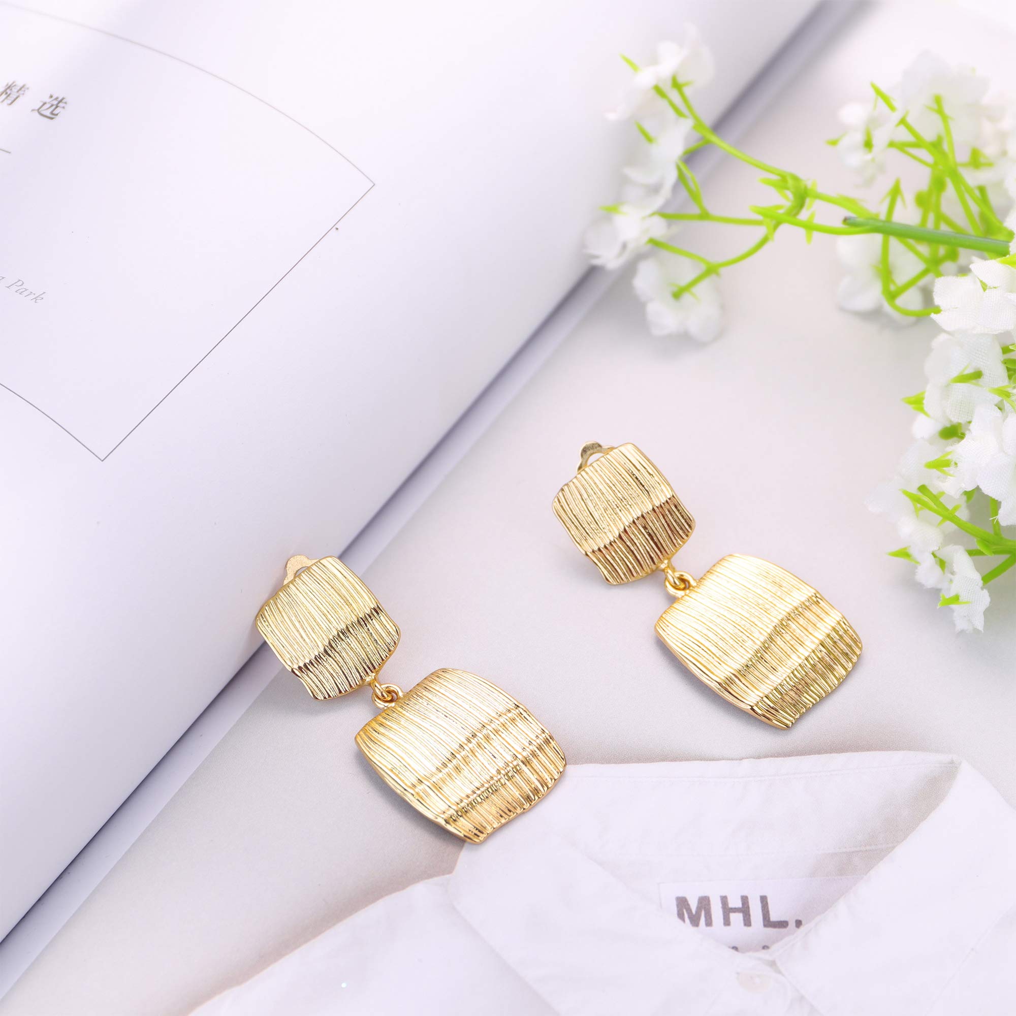 FINREZIO 4-6 Pairs Clip On Drop Earrings Set Leaf Round Trapezoid Square Rectangle Golden Metal Geometric Clipon Earrings-Non Piercing Dangle Earrings