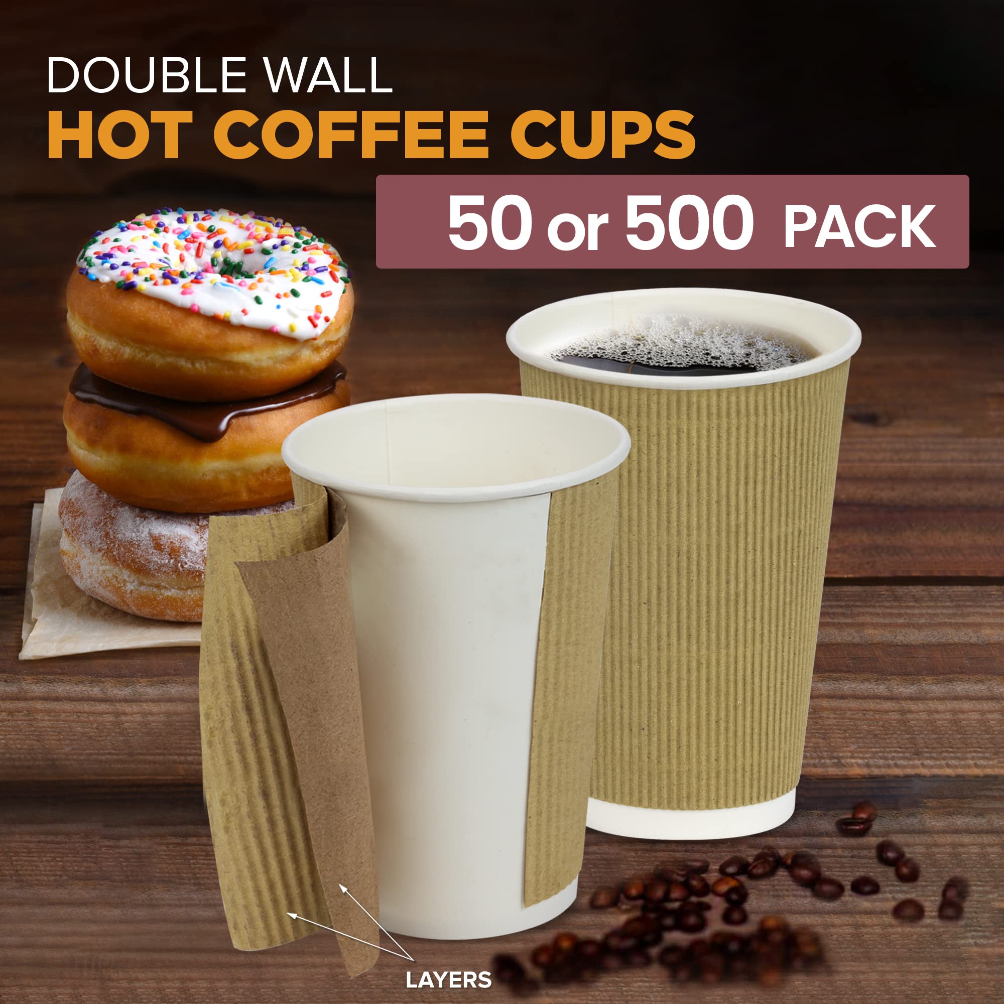 Fit Meal Prep [50 Pack Disposable Hot Cups - 8oz Brown Double Wall Insulated Ripple Sleeves To Go Coffee Cups - Kraft Hot Beverage for Chocolate, Tea, and Cocoa Drinks - Sturdy, and Eco Friendly